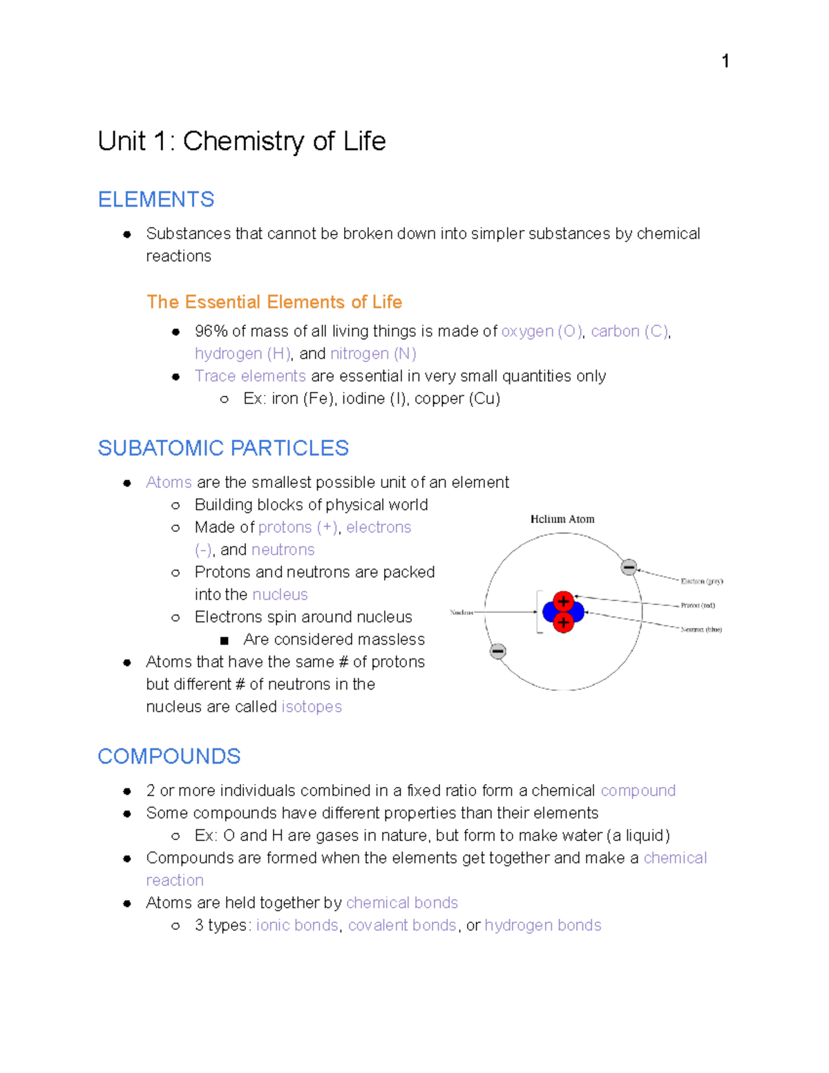 AP Bio/BIO 1113 Notes - Unit 1: Chemistry of Life ELEMENTS Substances ...
