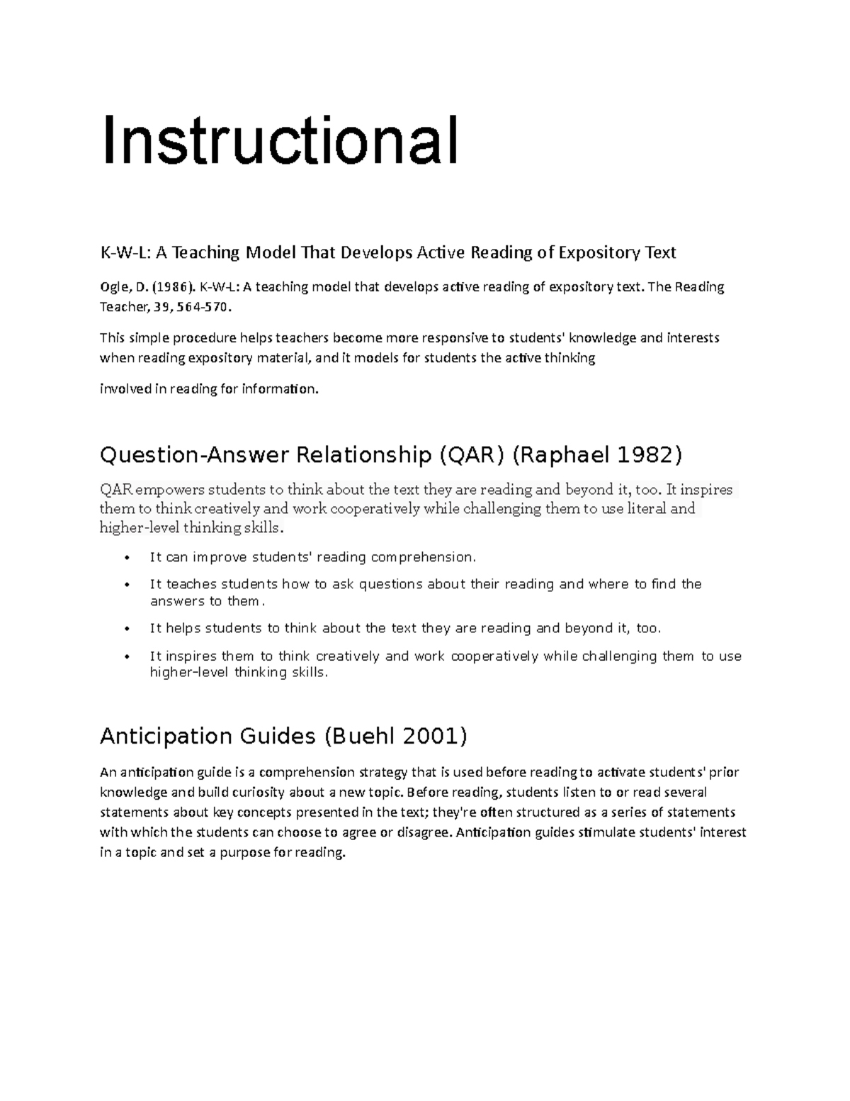 Research-Based Knowledge and Strategies - Instructional K-W-L: A ...