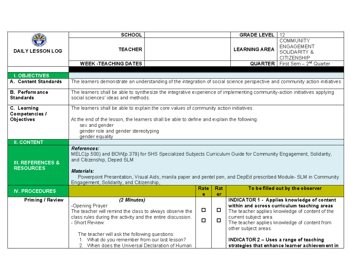 SHS CESC - SHS MATERIALS - DAILY LESSON LOG SCHOOL GRADE LEVEL 12 ...
