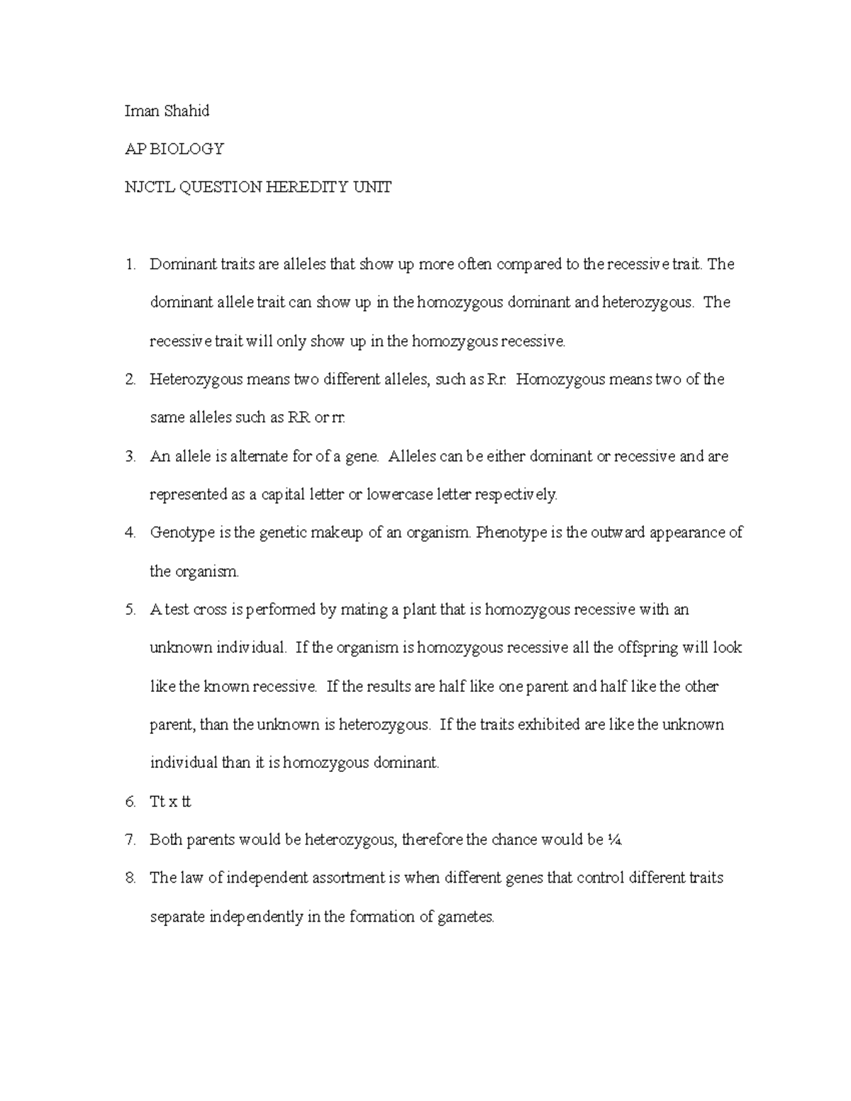 AP BIO Heredity Questions and Answers - Iman Shahid AP BIOLOGY NJCTL ...