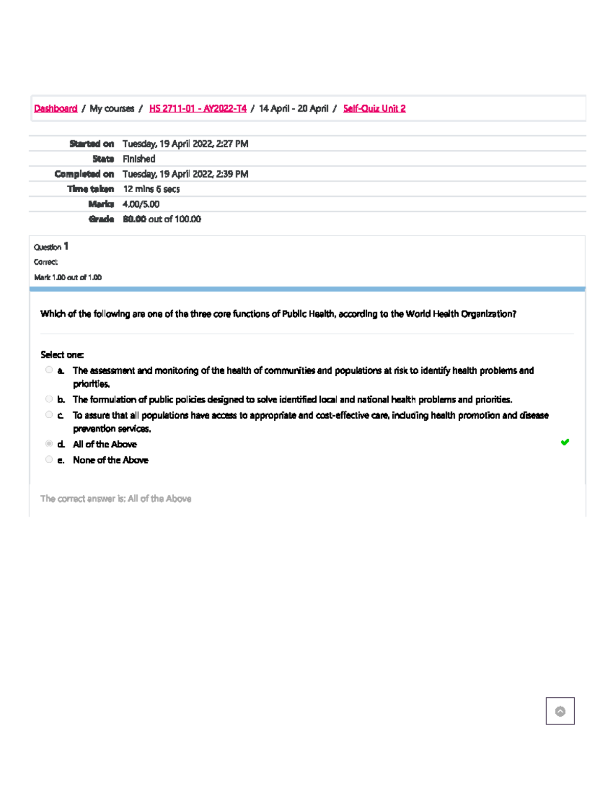 Self quiz -Week 2 - Community and Public Health 1 (proctored course ...