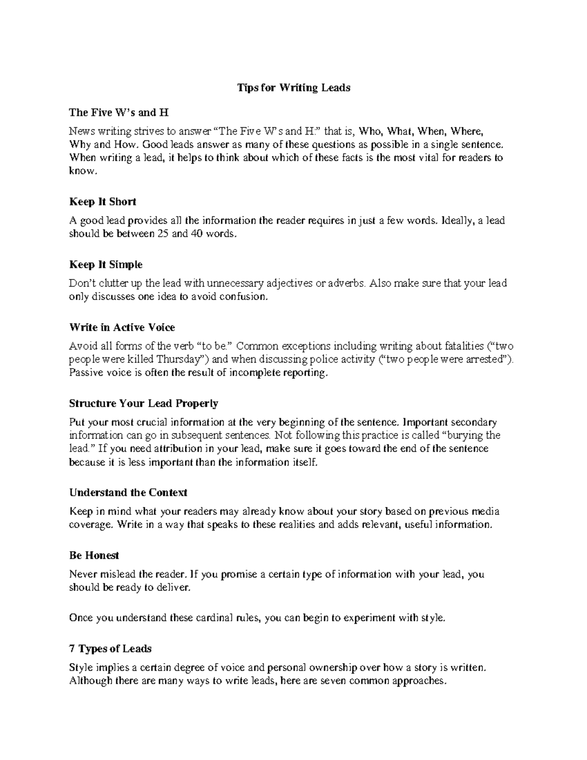 Tips for Writing Leads - Good leads answer as many of these questions ...