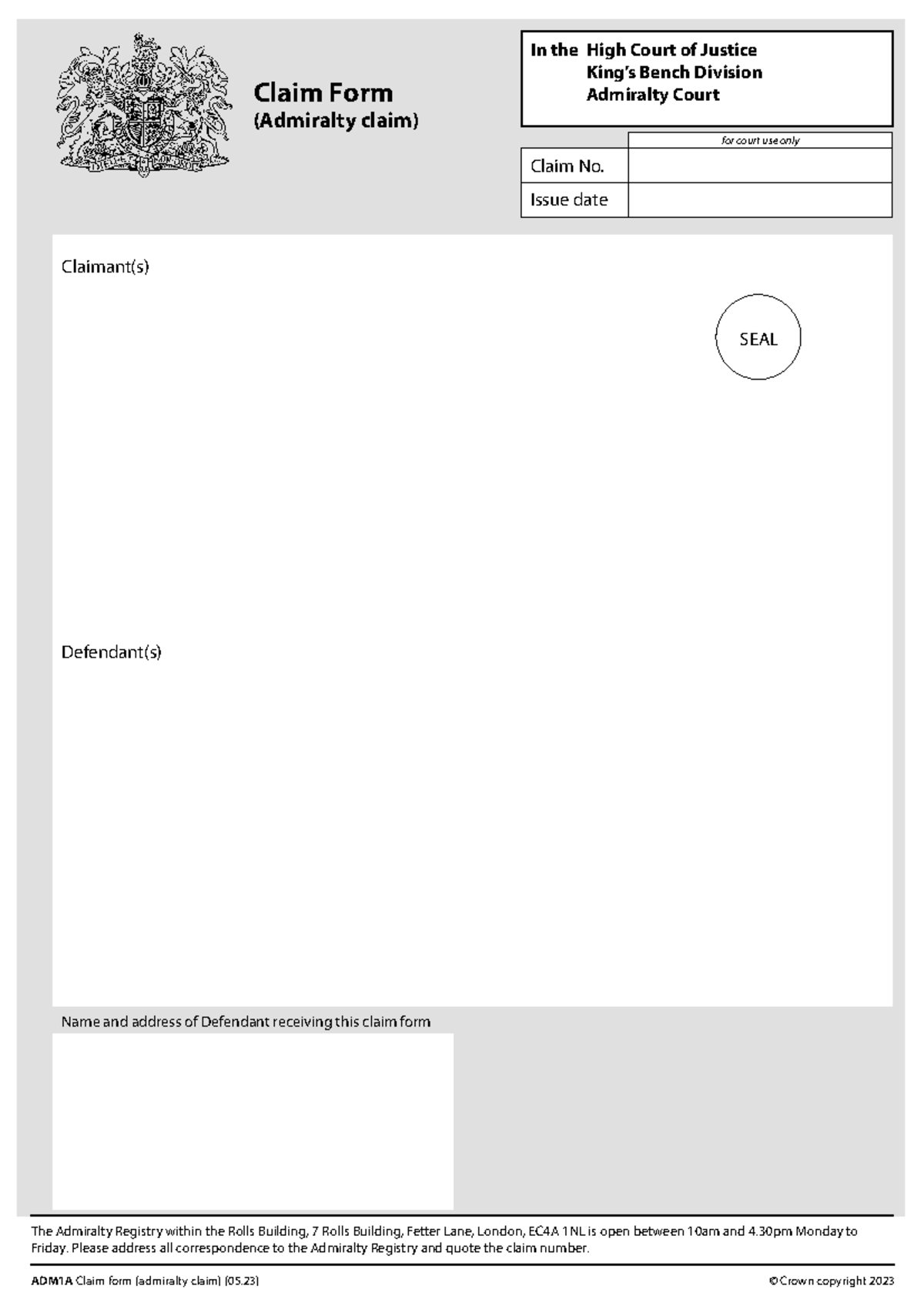 Adm1a 0523 save - law form - Claim Form (Admiralty claim) In the High ...
