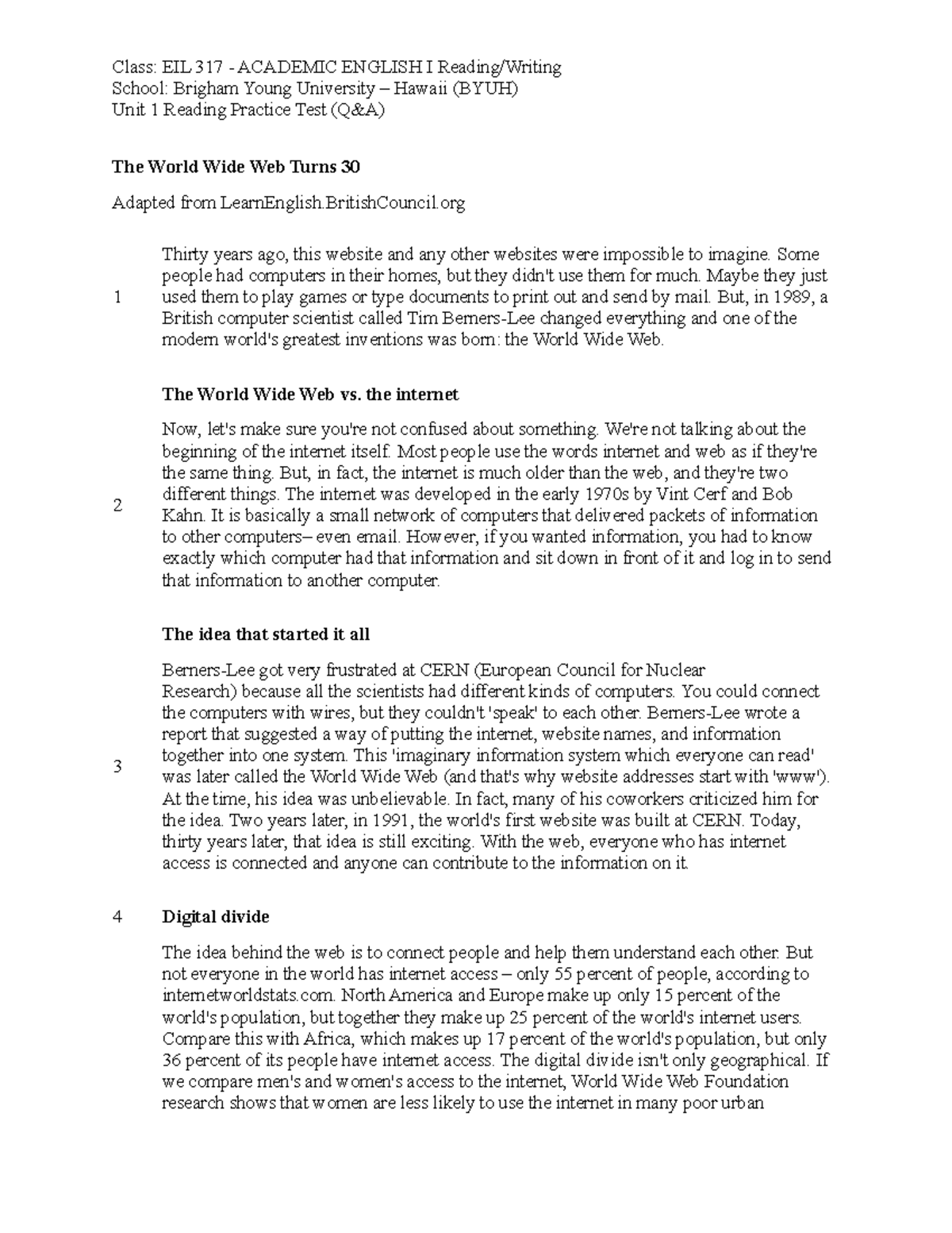 EIL 317 - Academic English I Reading:Writing - BYU-H (Unit 1 Reading ...