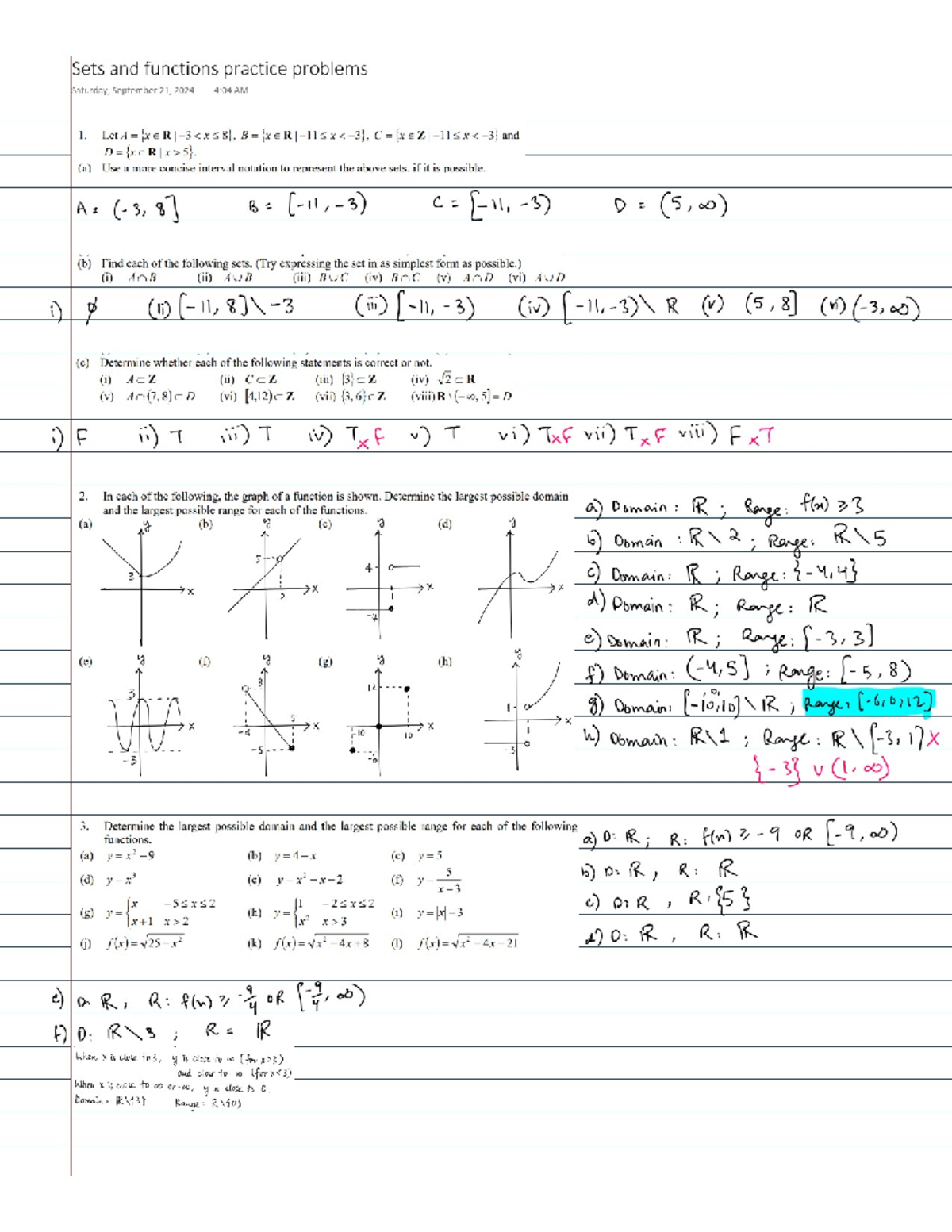 Problems Sets and functions - Sets and functions practice problems Saturday, September 21, 2024 ...