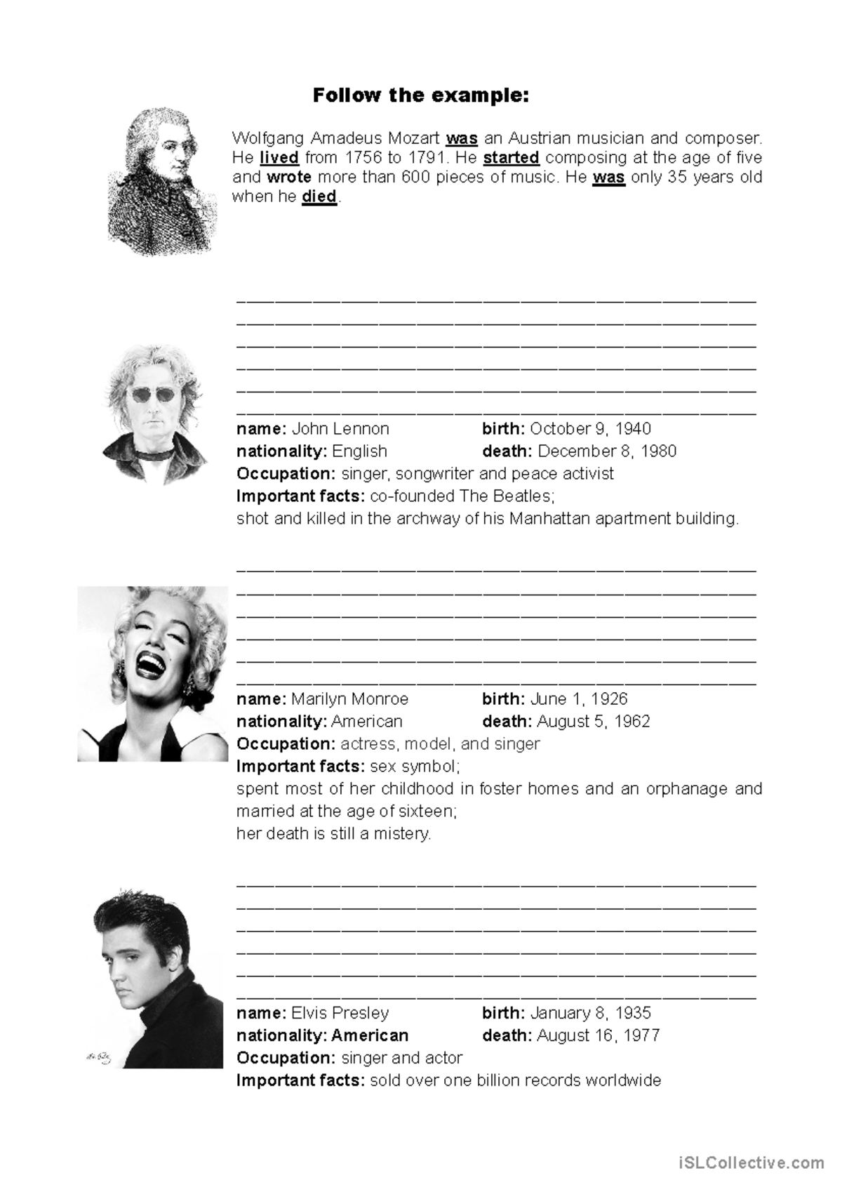 Simple Past = Famous People - Follow the example: Wolfgang Amadeus ...