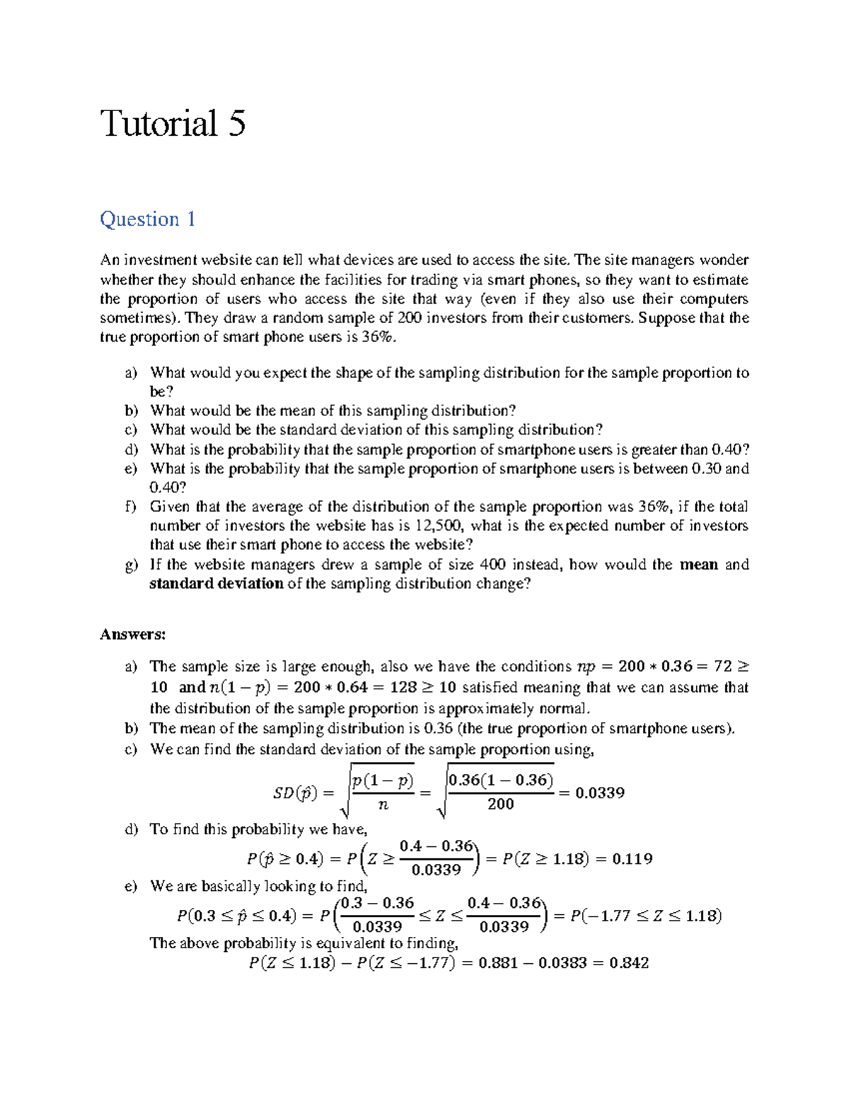 Tutorial 5 (with Answers) - Tutorial 5 Question 1 An investment website ...