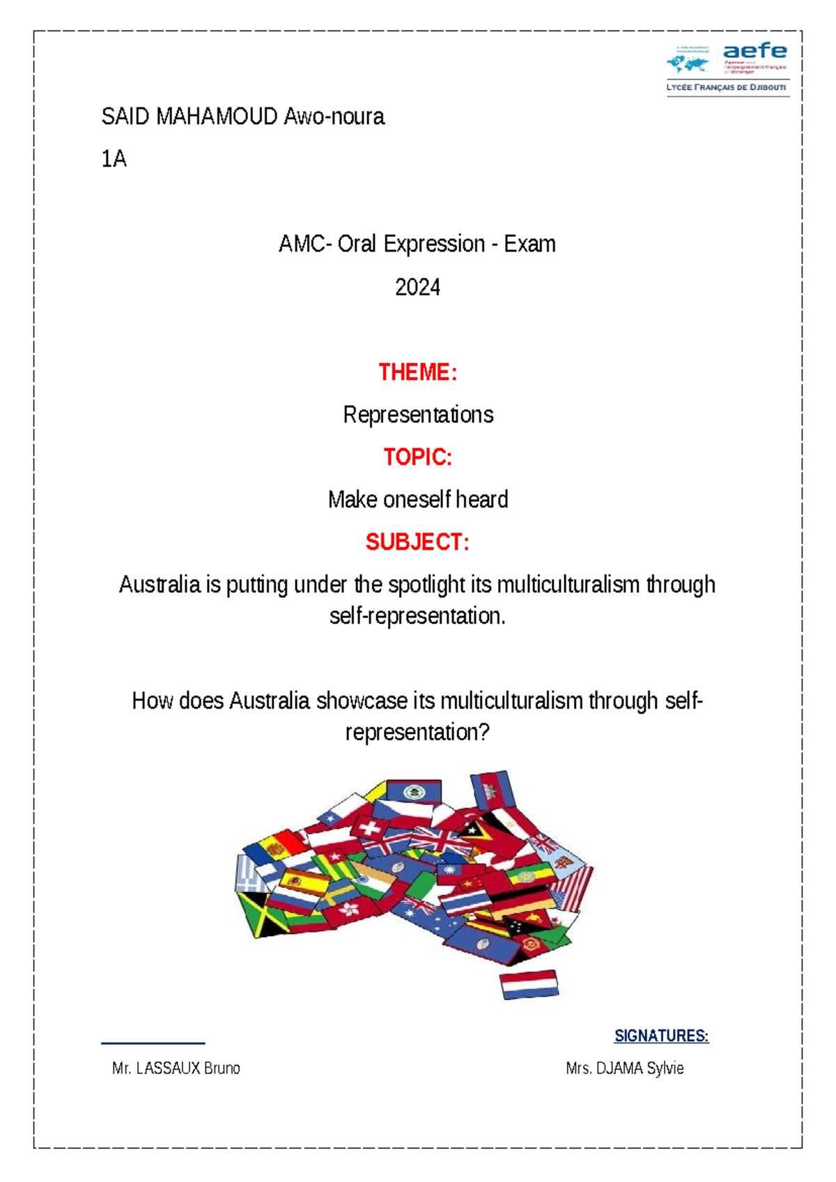 Dossier amc FOLDER - SAID MAHAMOUD Awo-noura 1A AMC- Oral Expression - Exam 2024 THEME: - Studocu