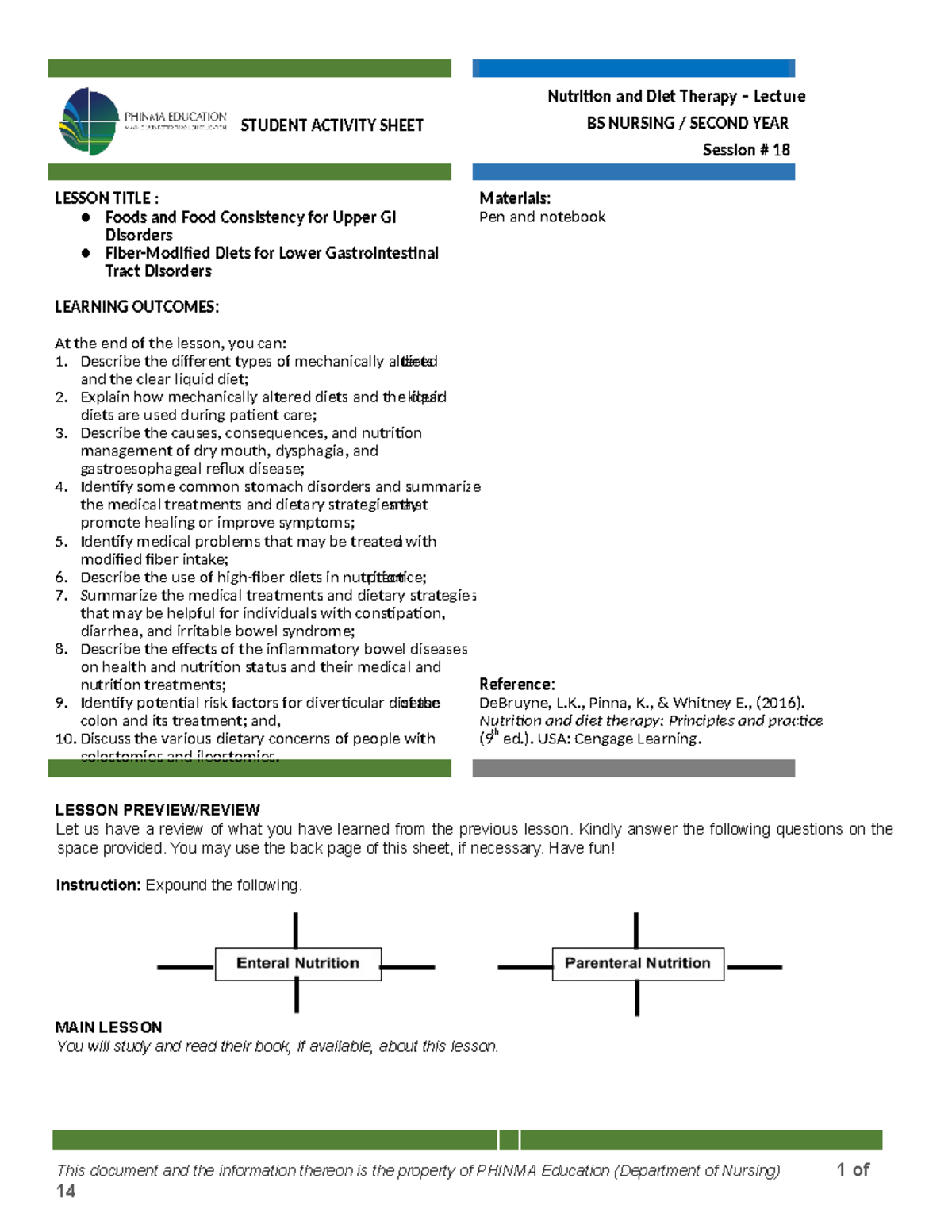 Session #18 SAS - Nutrition (Lecture) - LESSON PREVIEW/REVIEW Let us ...