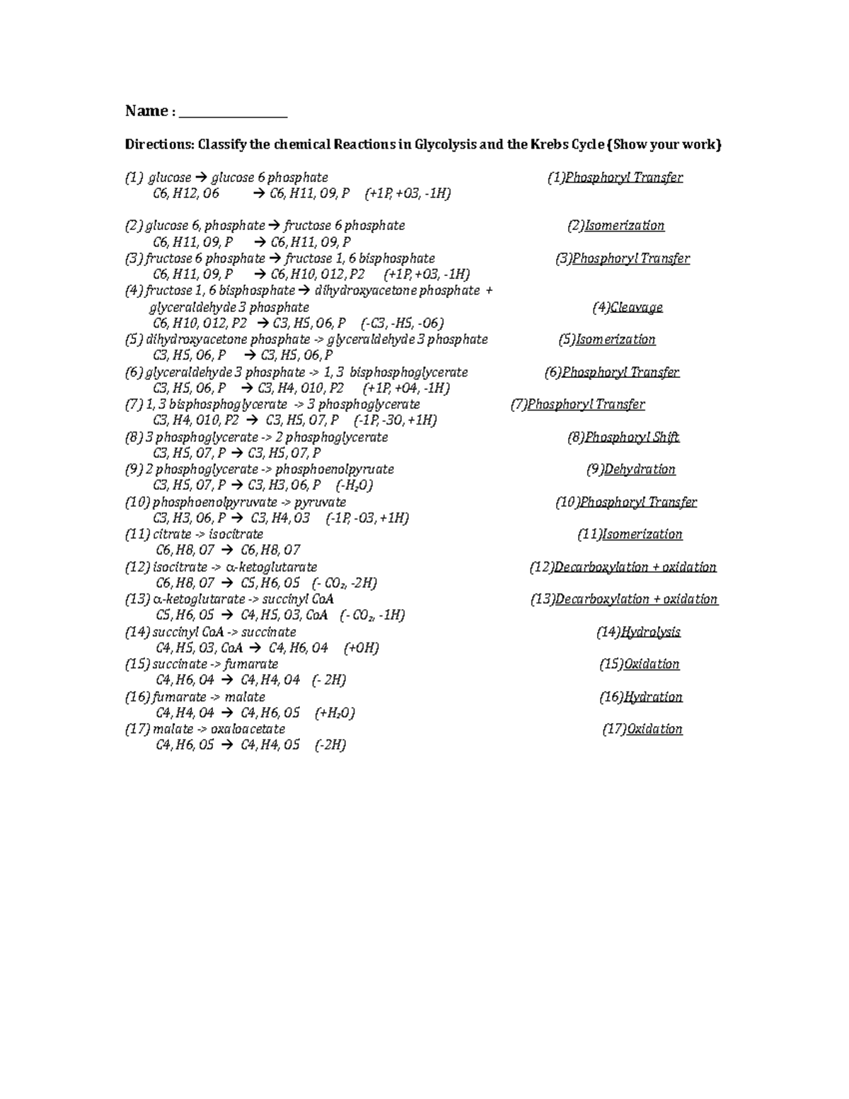 Reactions in Glycolysis and Kreb Cycle - Name ...