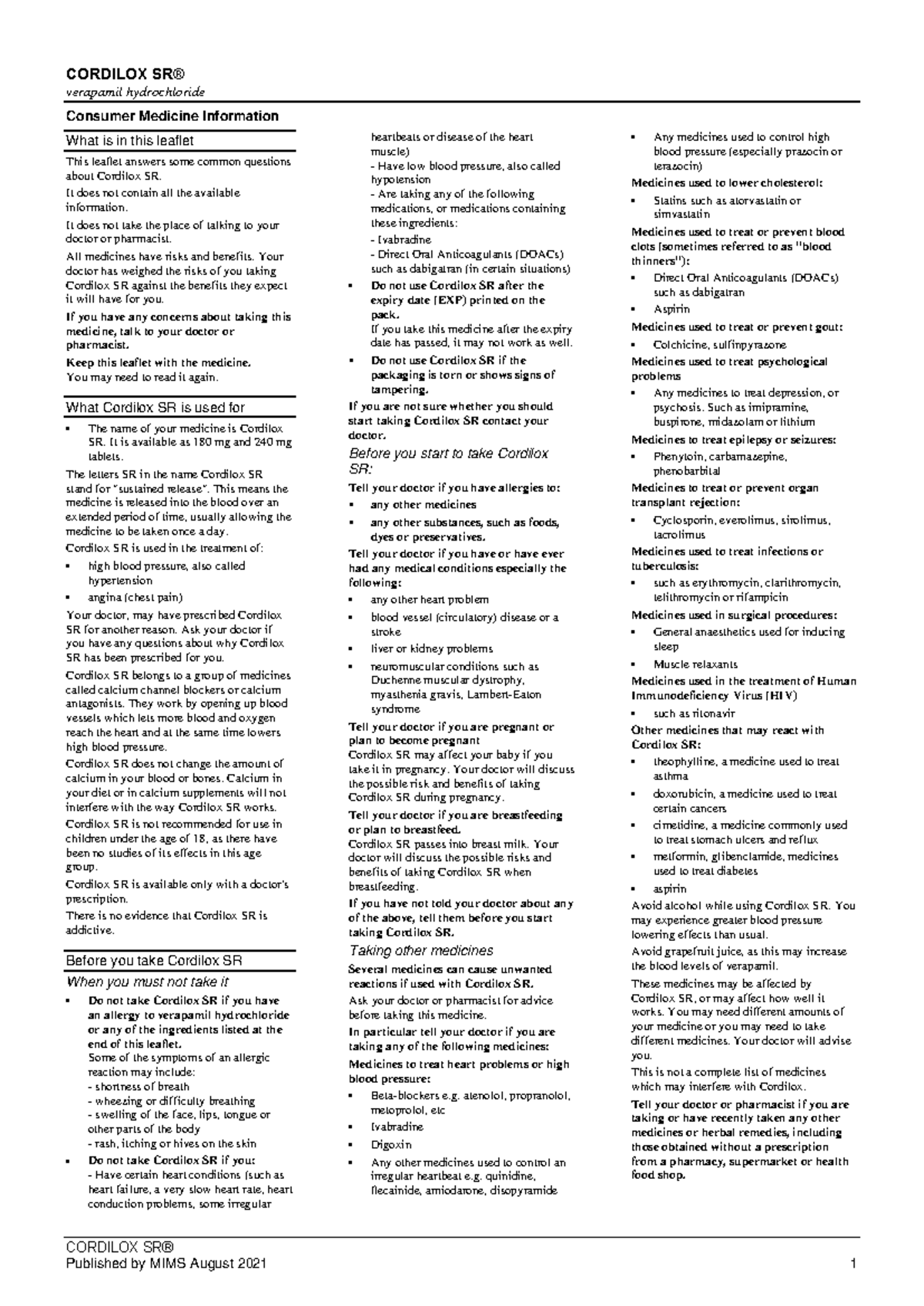 Verapamil - CORDILOX SR® verapamil hydrochloride Consumer Medicine ...