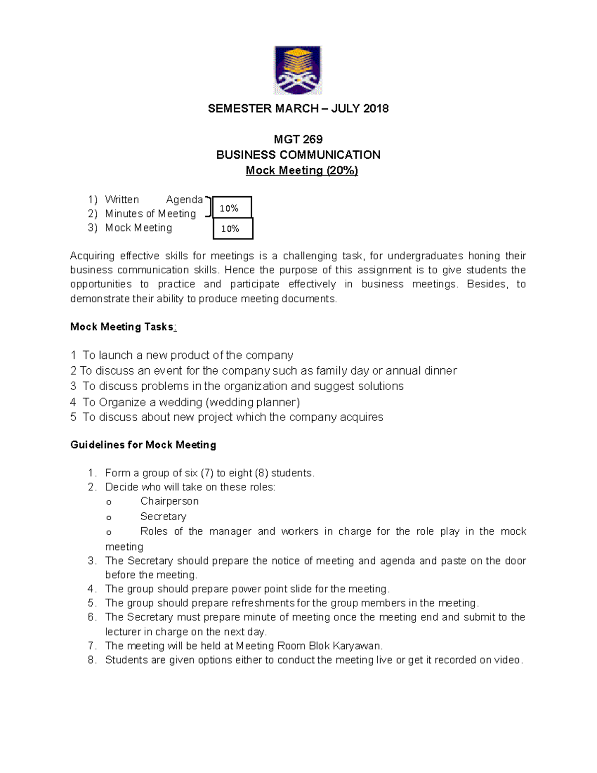 MOCK Meeting TASK - mgt - SEMESTER MARCH – JULY 2018 MGT 269 BUSINESS ...