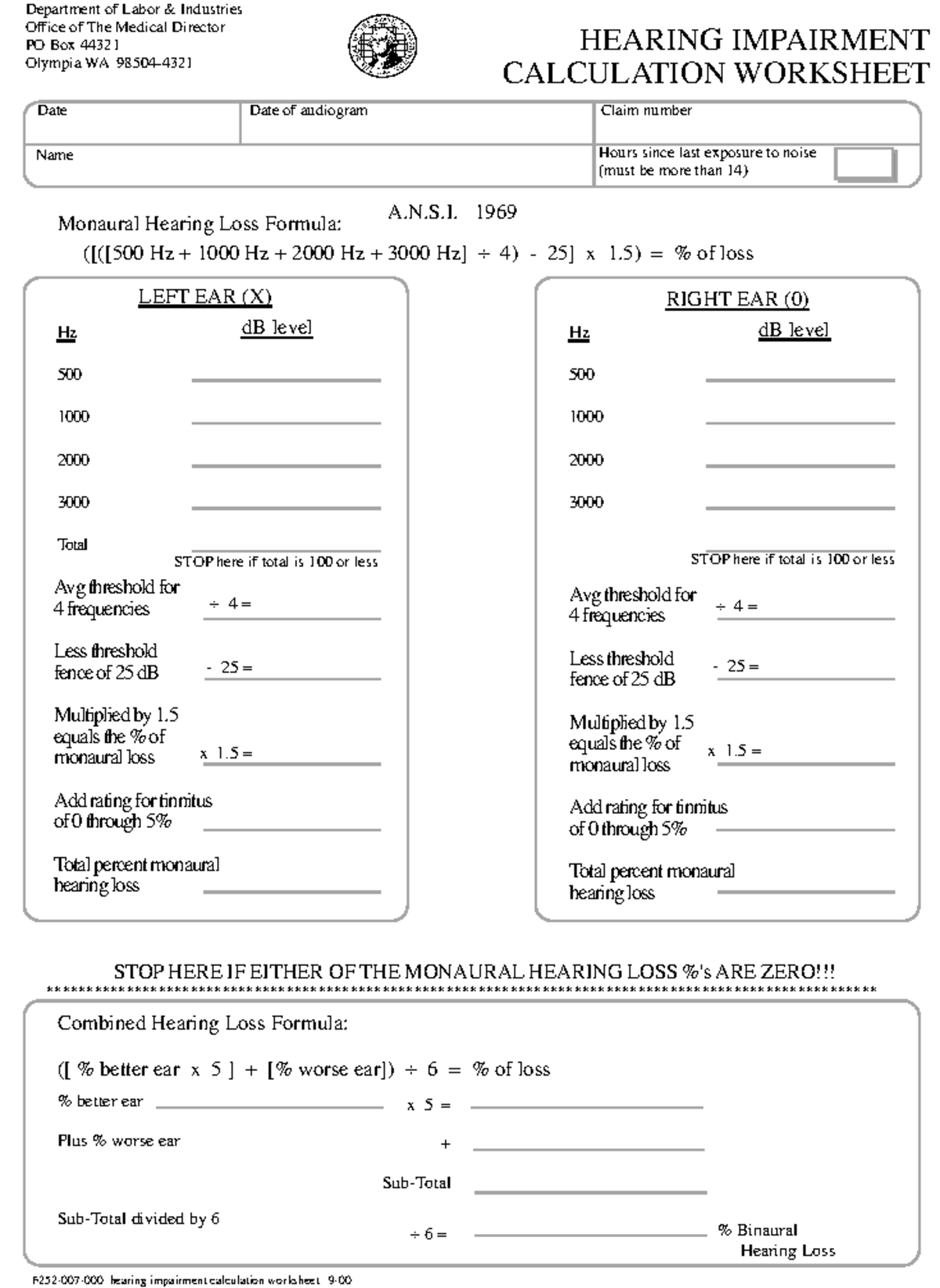 Hearing Loss - HEARING IMPAIRMENT CALCULATION WORKSHEET Date Name Date ...