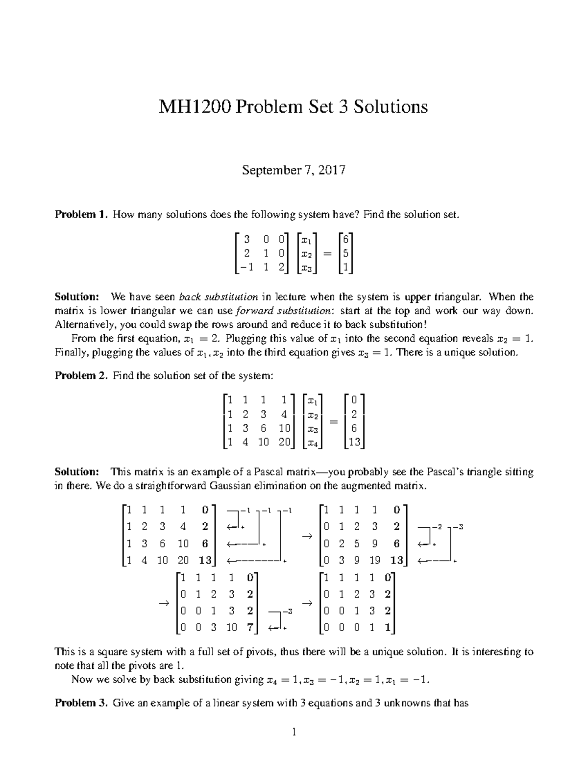 LA tut 3 - linear algebra assignment - MH1200 Problem Set 3 Solutions September 7, 2017 Problem ...