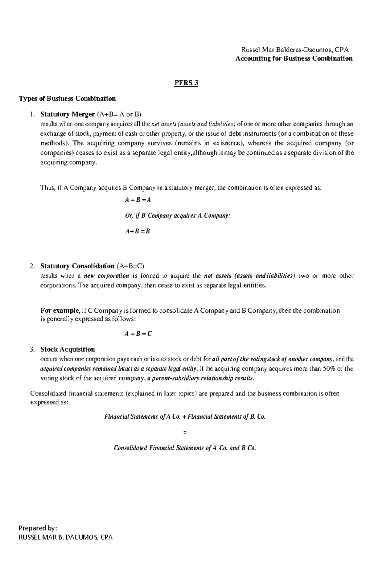 Business Combination - Prepared by: Russel Mar Balderas-Dacumos, CPA ...