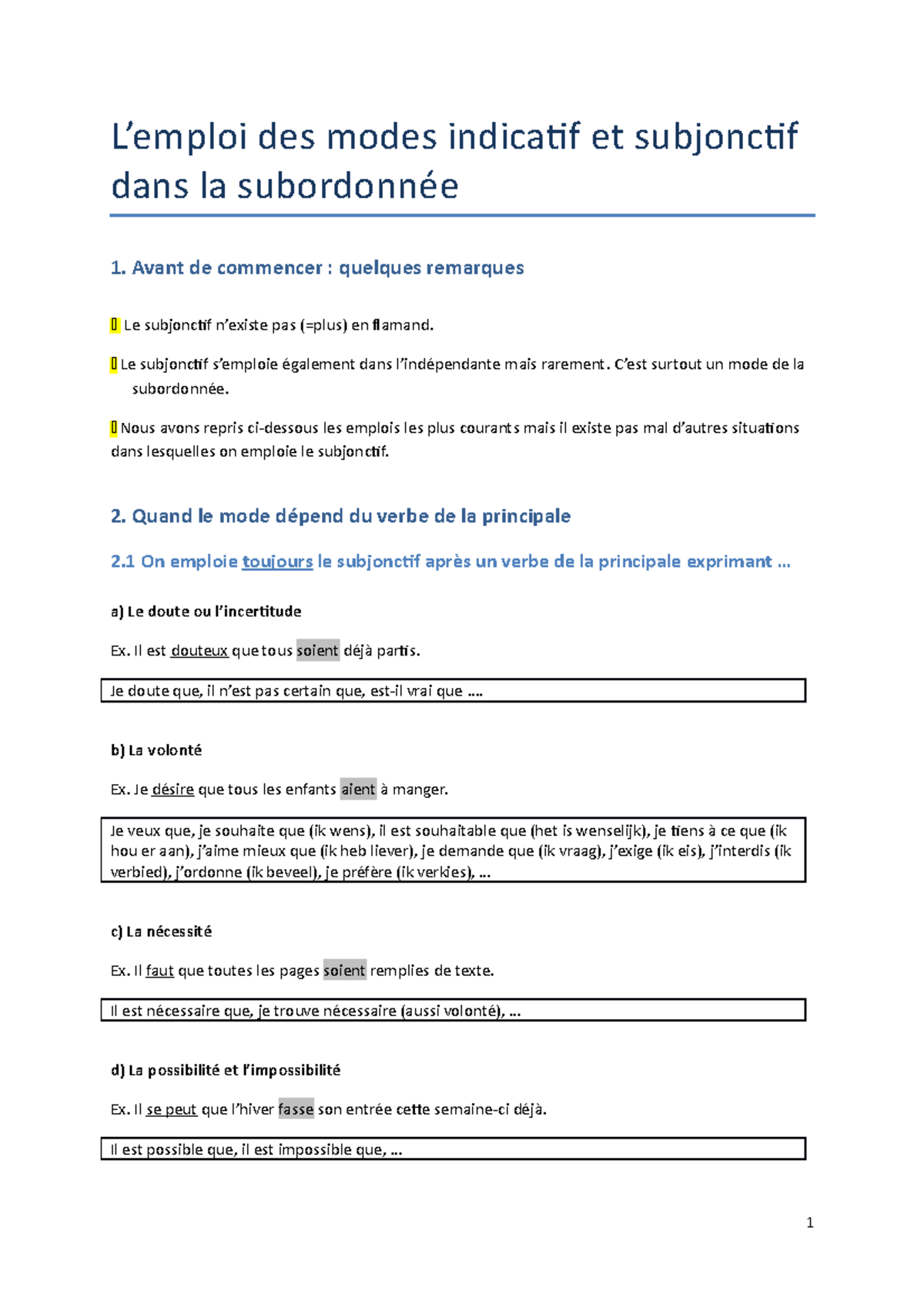 Les modes indicatif et subjonctif - theorie - des modes indicatif et ...