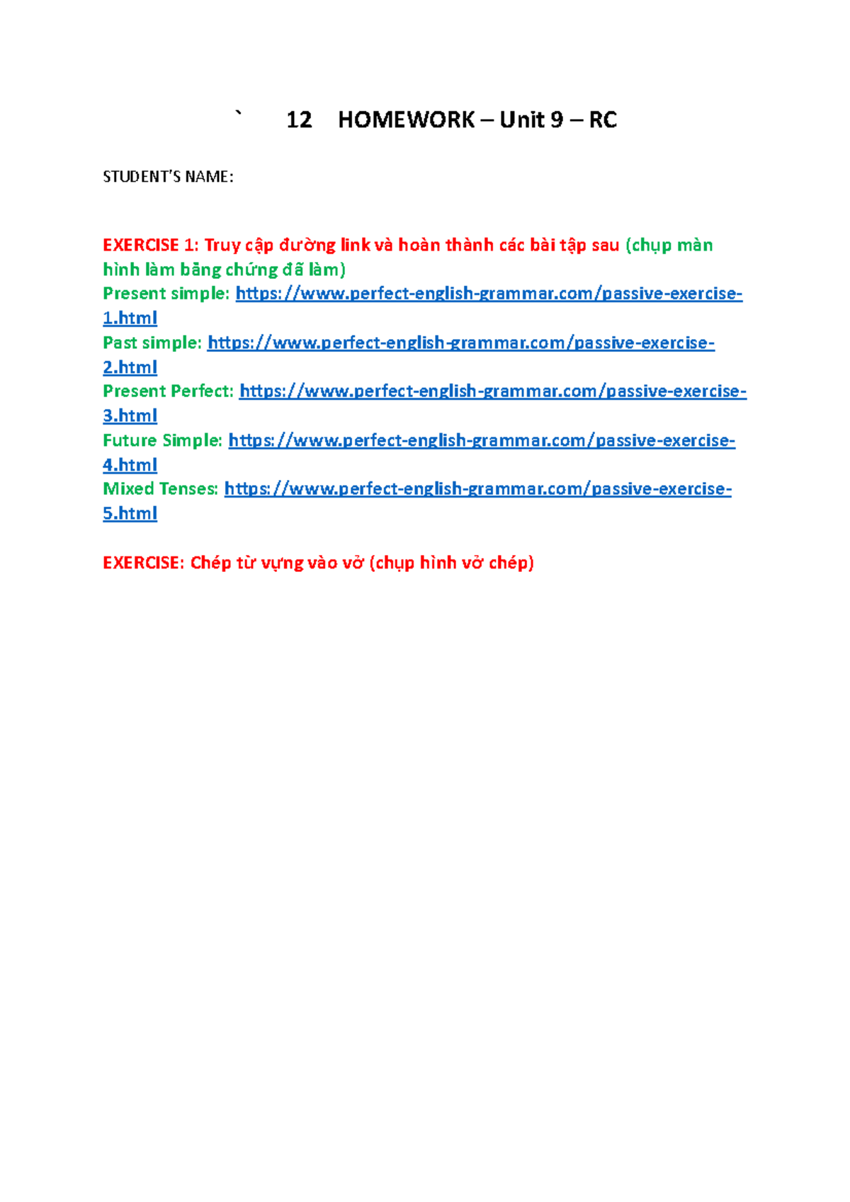 Homework - UNIT 9 nè - Supply Chain Management - ` 12 HOMEWORK – Unit 9 – RC STUDENT’S NAME ...