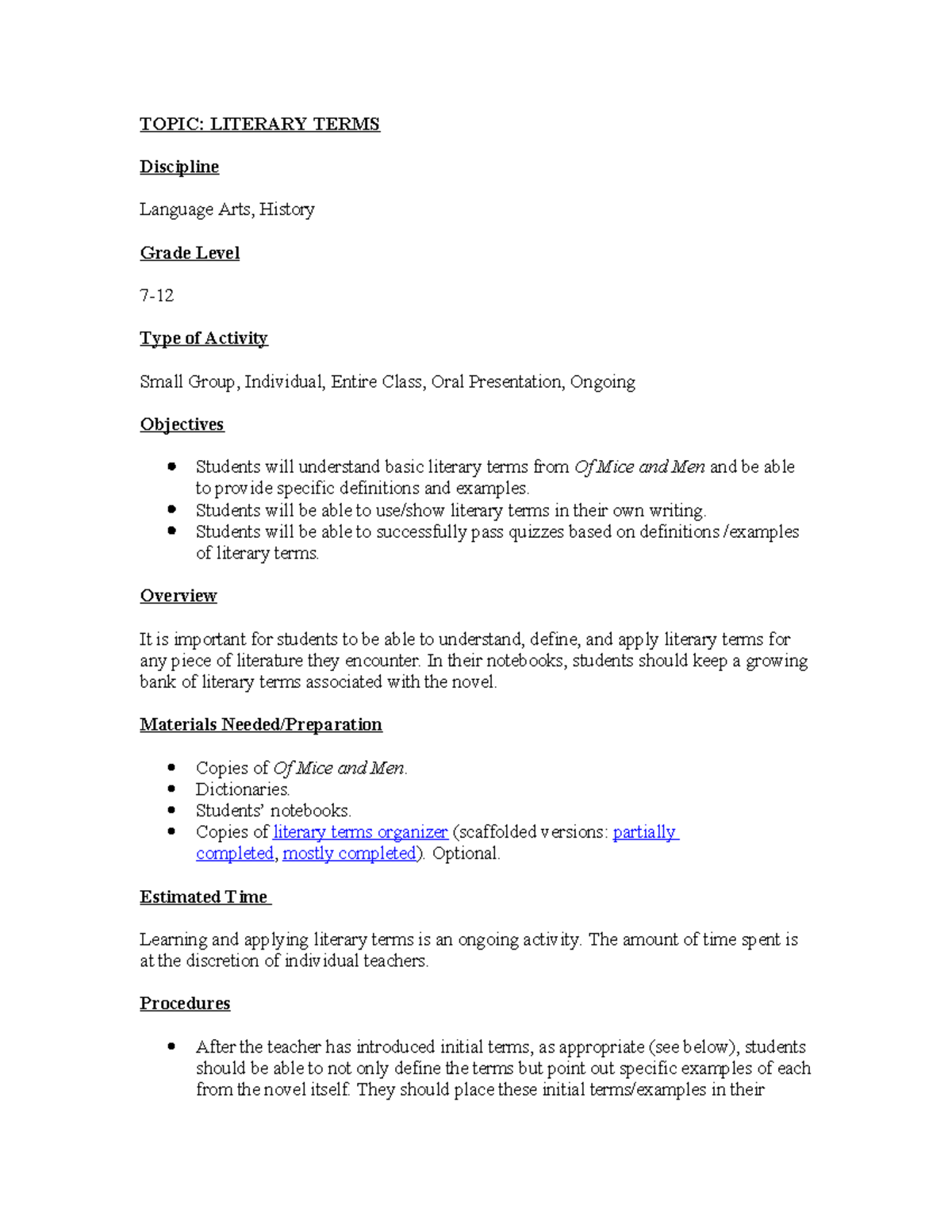 Of Mice and Men Literary Terms - TOPIC: LITERARY TERMS Discipline ...