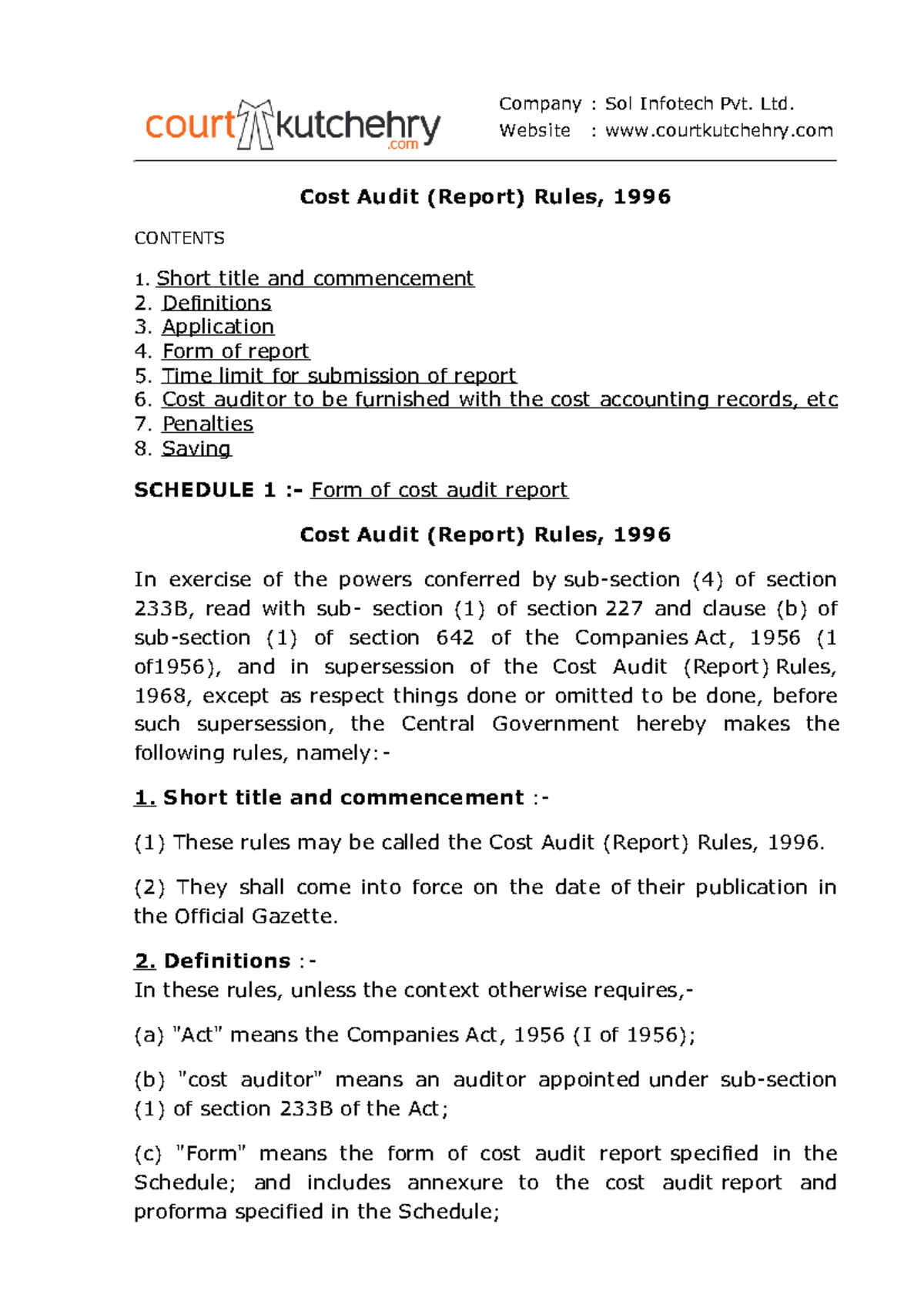 Cost Audit (Report) Rules, 1996 - Company : Sol Infotech Pvt. Ltd ...