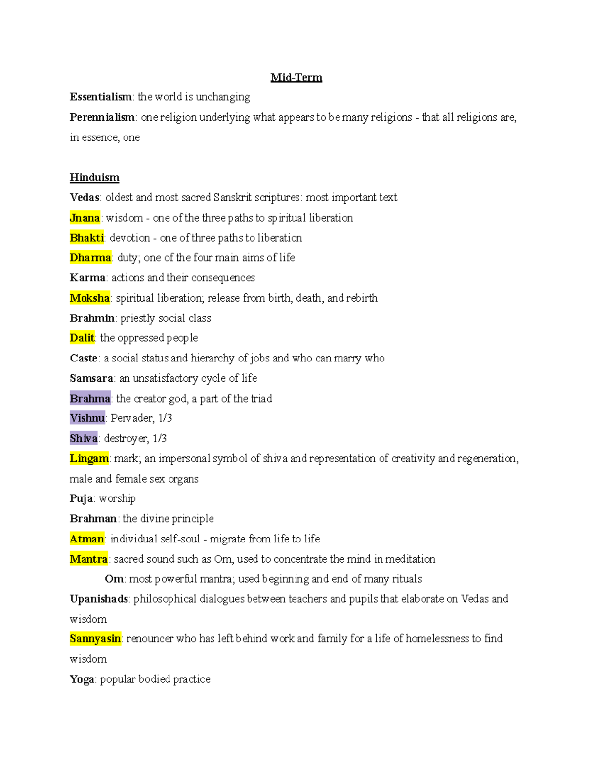 Religious Studies Mid-Term Key - Essentialism: the world is unchanging ...