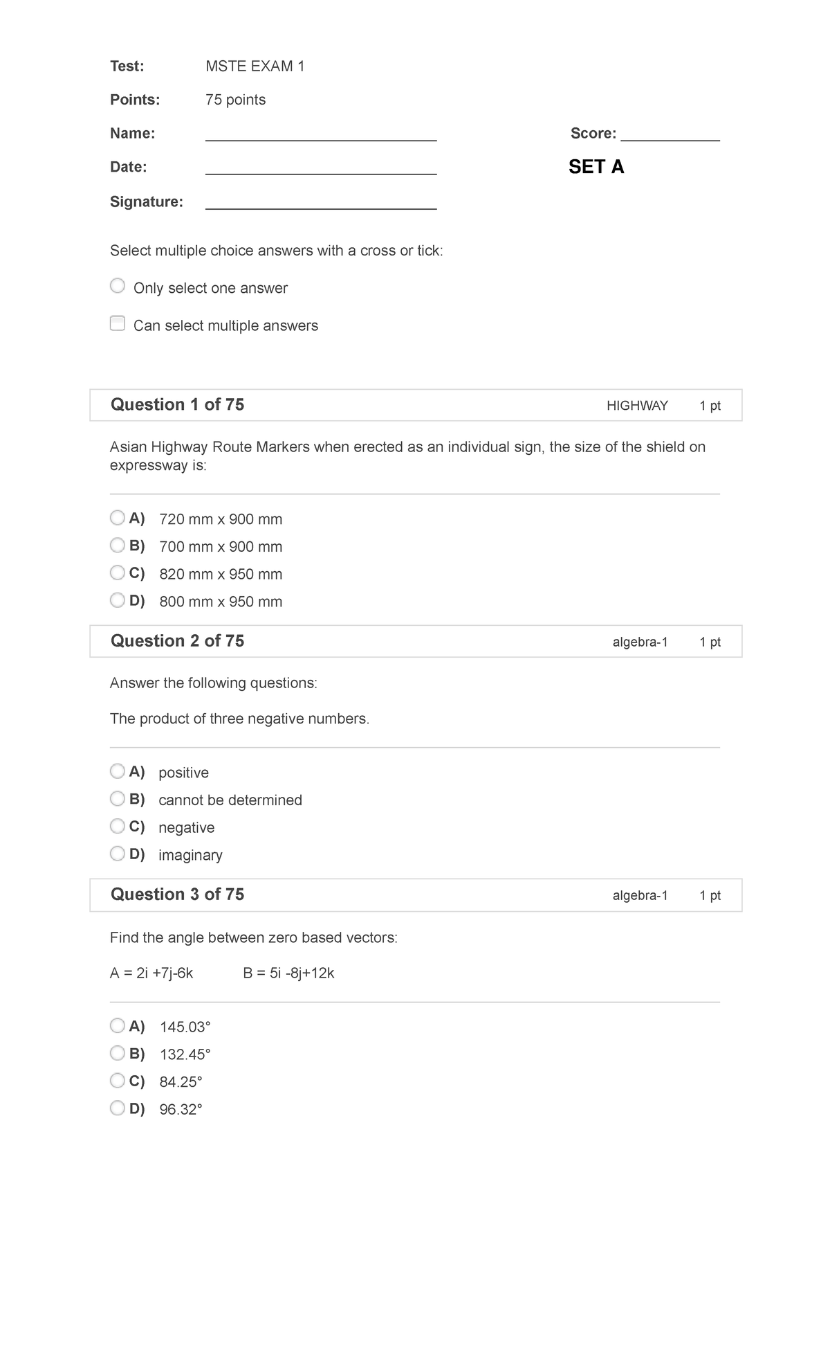 MSTE EXAM No 1 - lab - HIGHWAY 1 pt algebra-1 1 pt algebra-1 1 pt Name