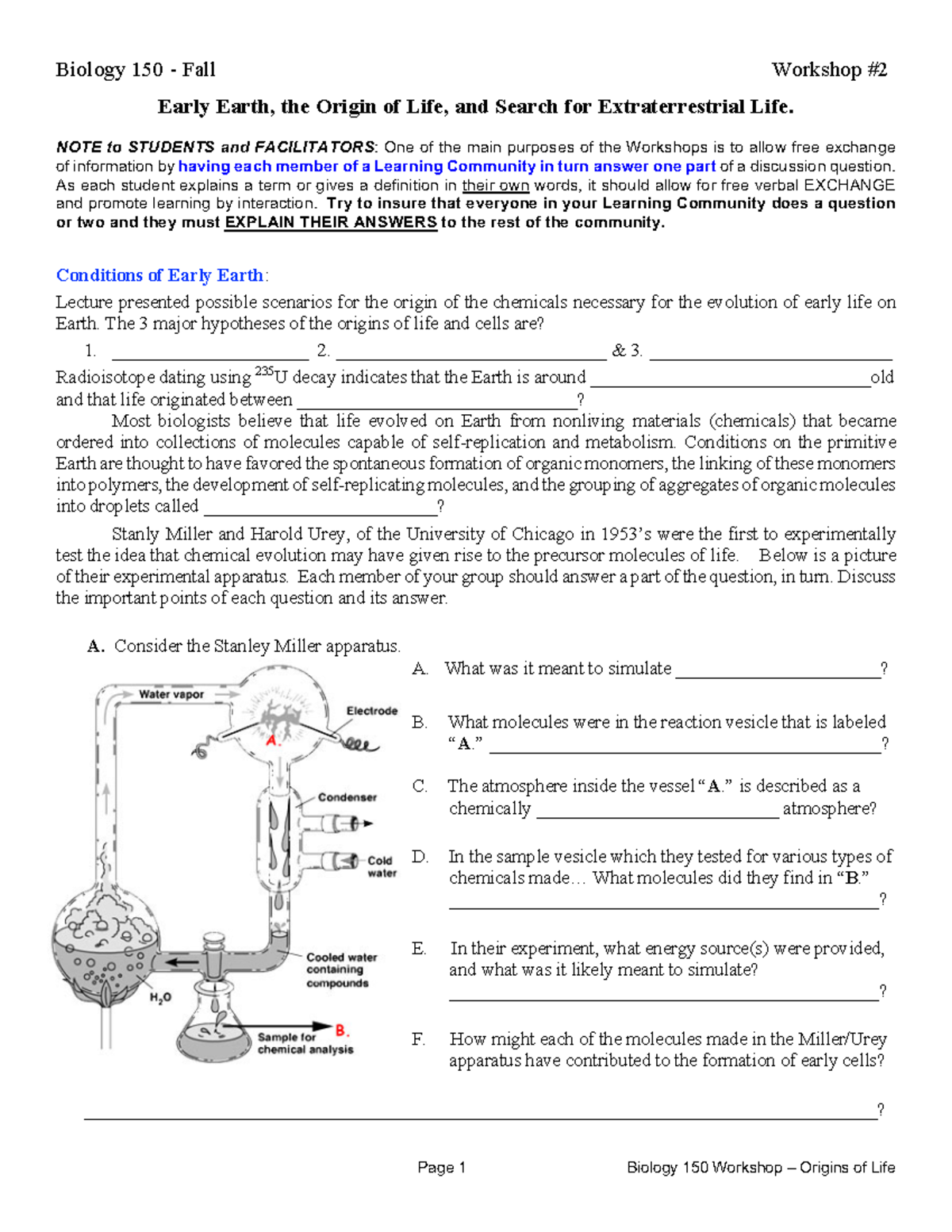 Chapter 2.originoflife - Page 1 Biology 150 Workshop – Origins of Life ...