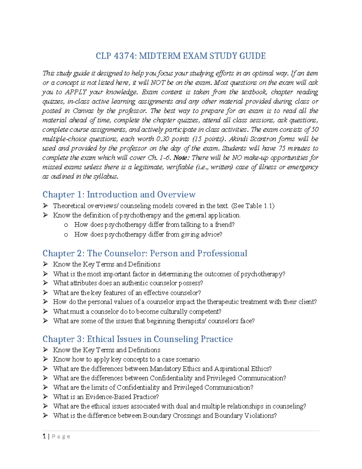 CLP 4374 Midterm Exam Study Guide (Fall 2023) - CLP 4374: MIDTERM EXAM STUDY GUIDE This study ...