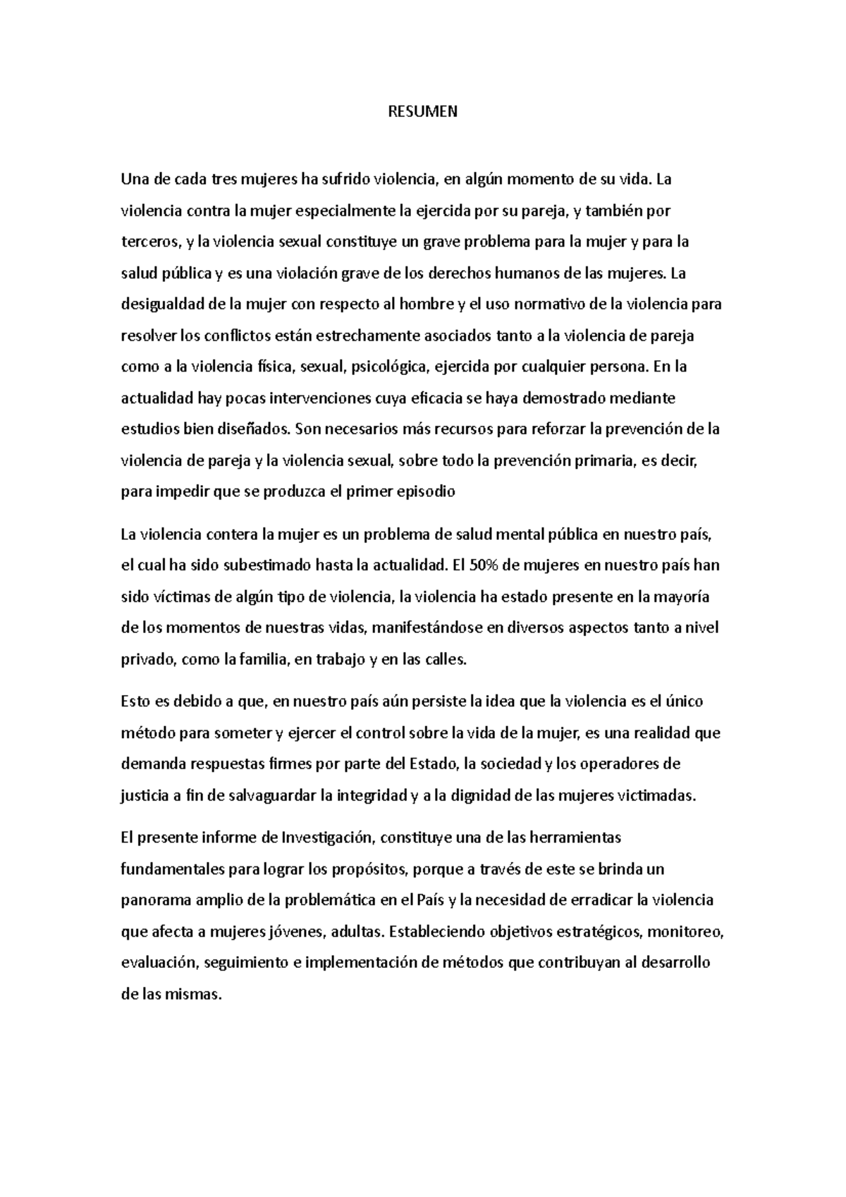 Documento investigación - RESUMEN Una de cada tres mujeres ha sufrido ...