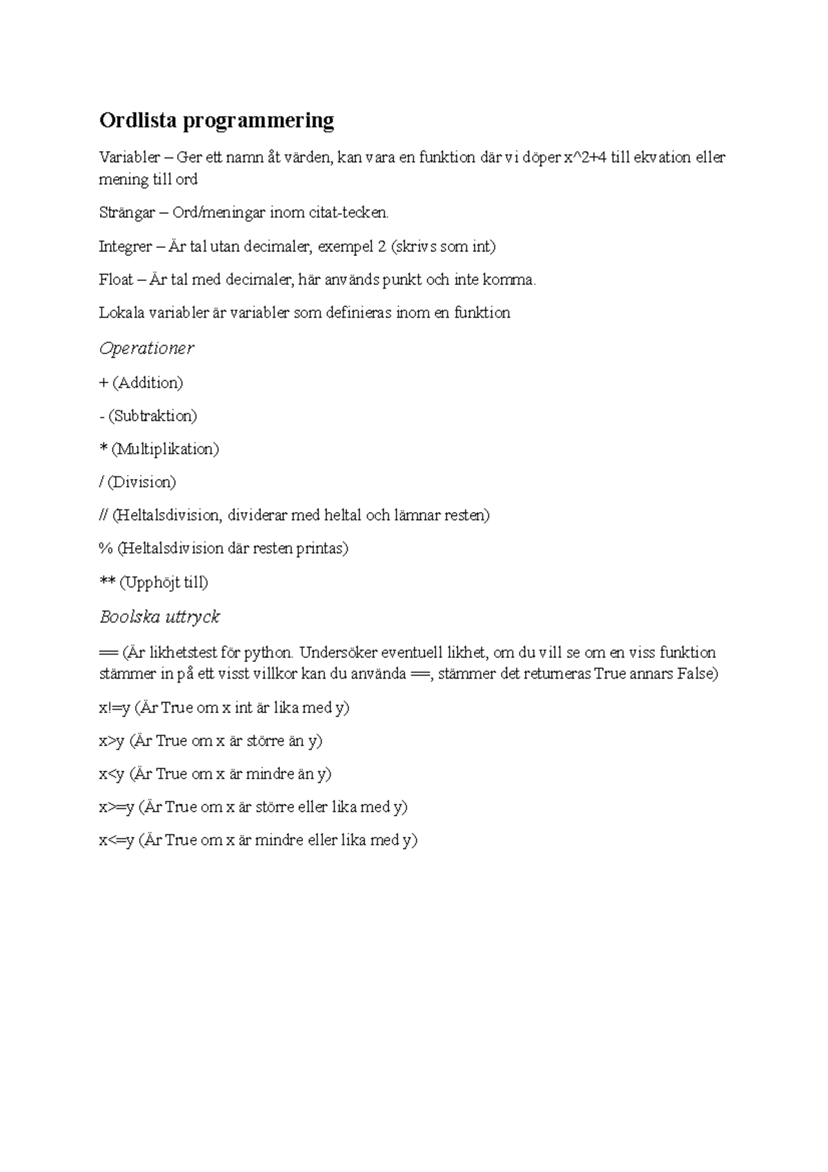 Ordlista programmering - Ordlista programmering Variabler – Ger ett ...