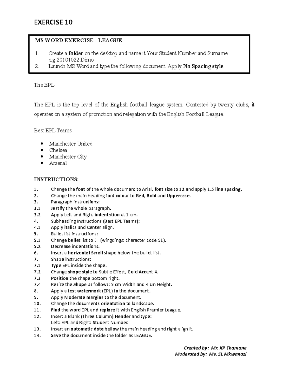 Exercise 10 - League - Excersise 10 For ICT Skills I - EXERCISE 10 The ...