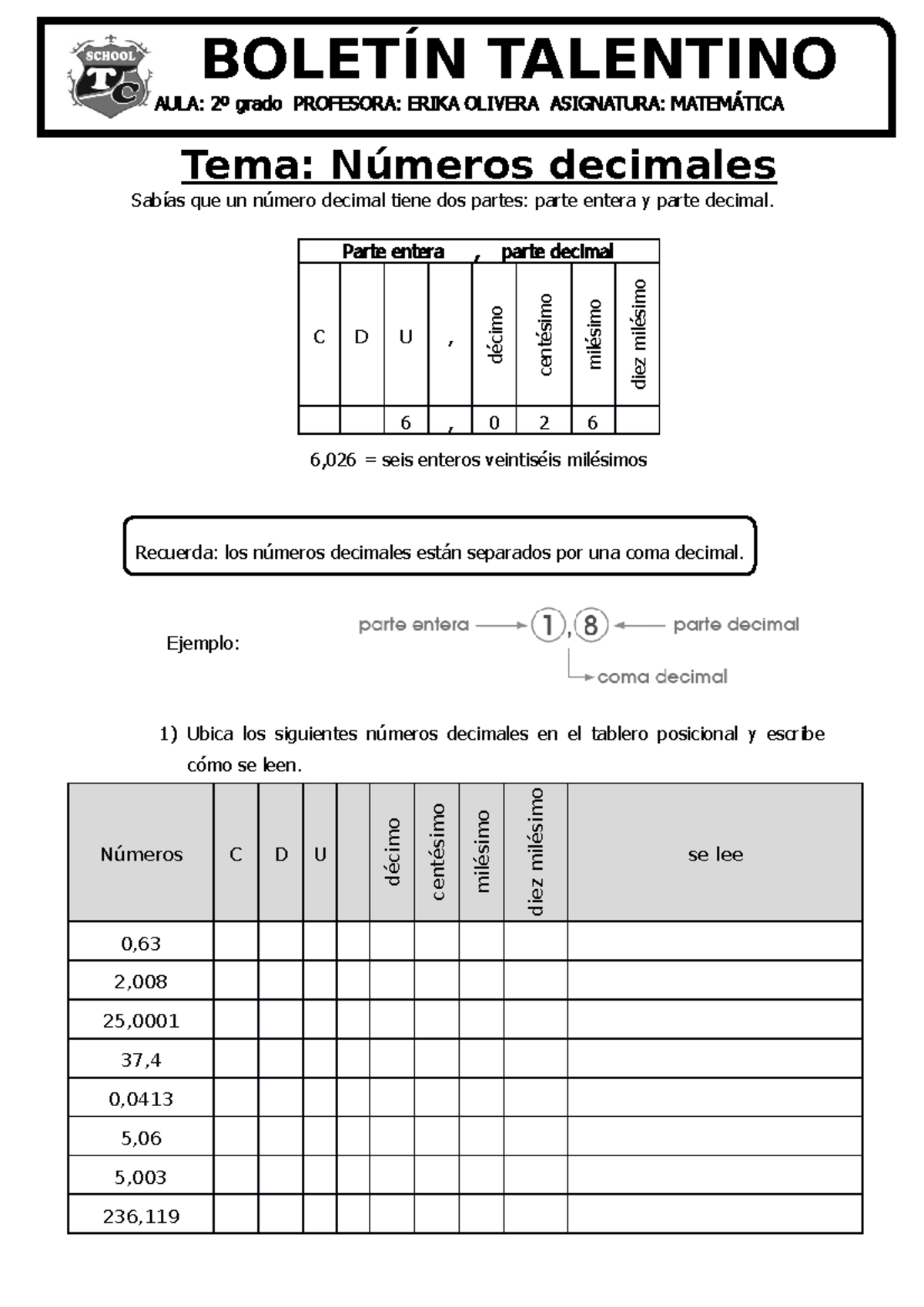 24 Boletin DE Mateamtica 1 - Tema: Números decimales Sabías que un ...