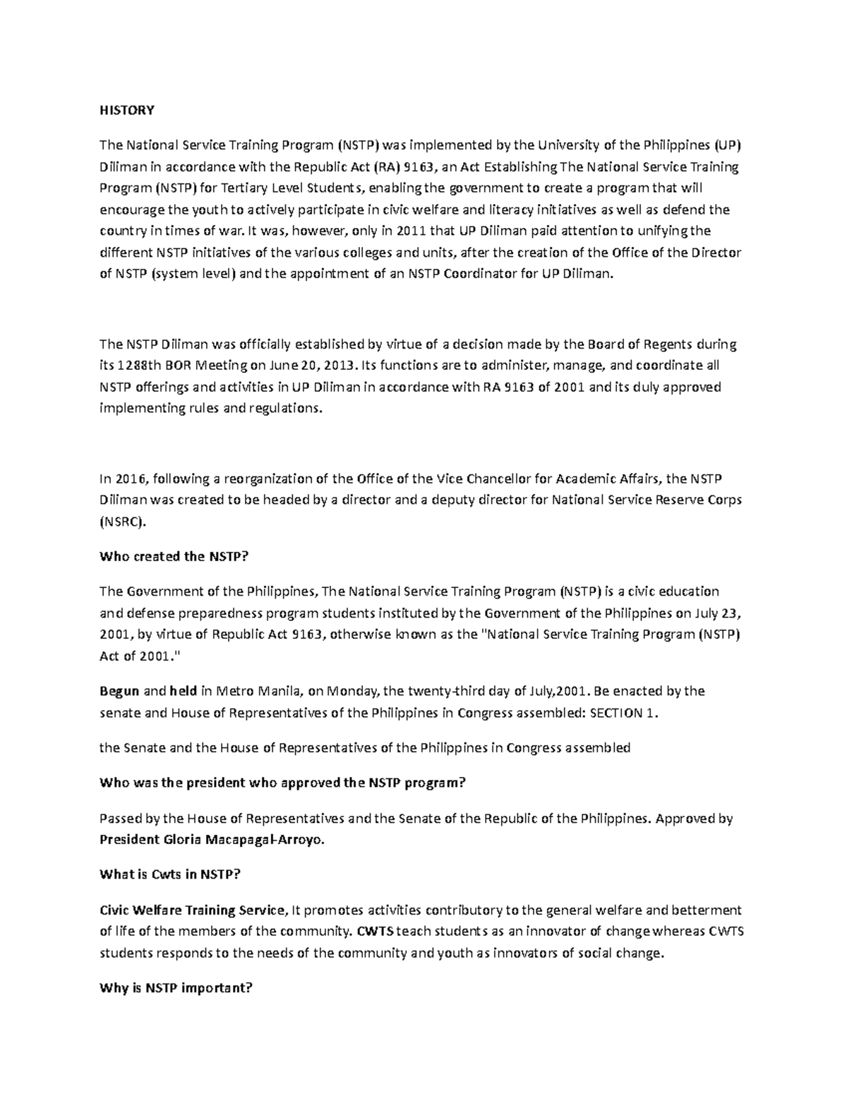 NSTP Ass - Jsjsjdn - HISTORY The National Service Training Program ...