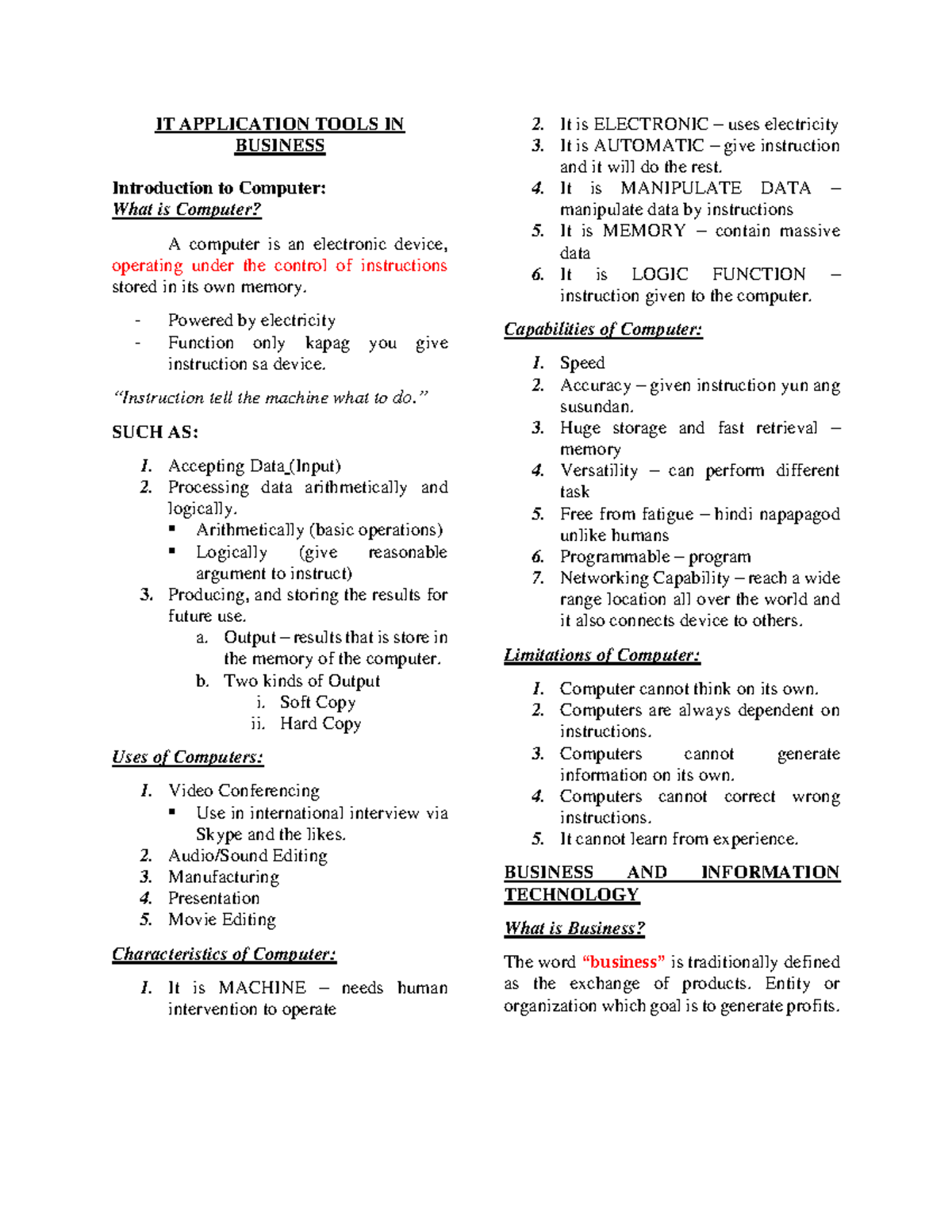 Chapter 1 Introduction TO Computer - IT APPLICATION TOOLS IN BUSINESS ...