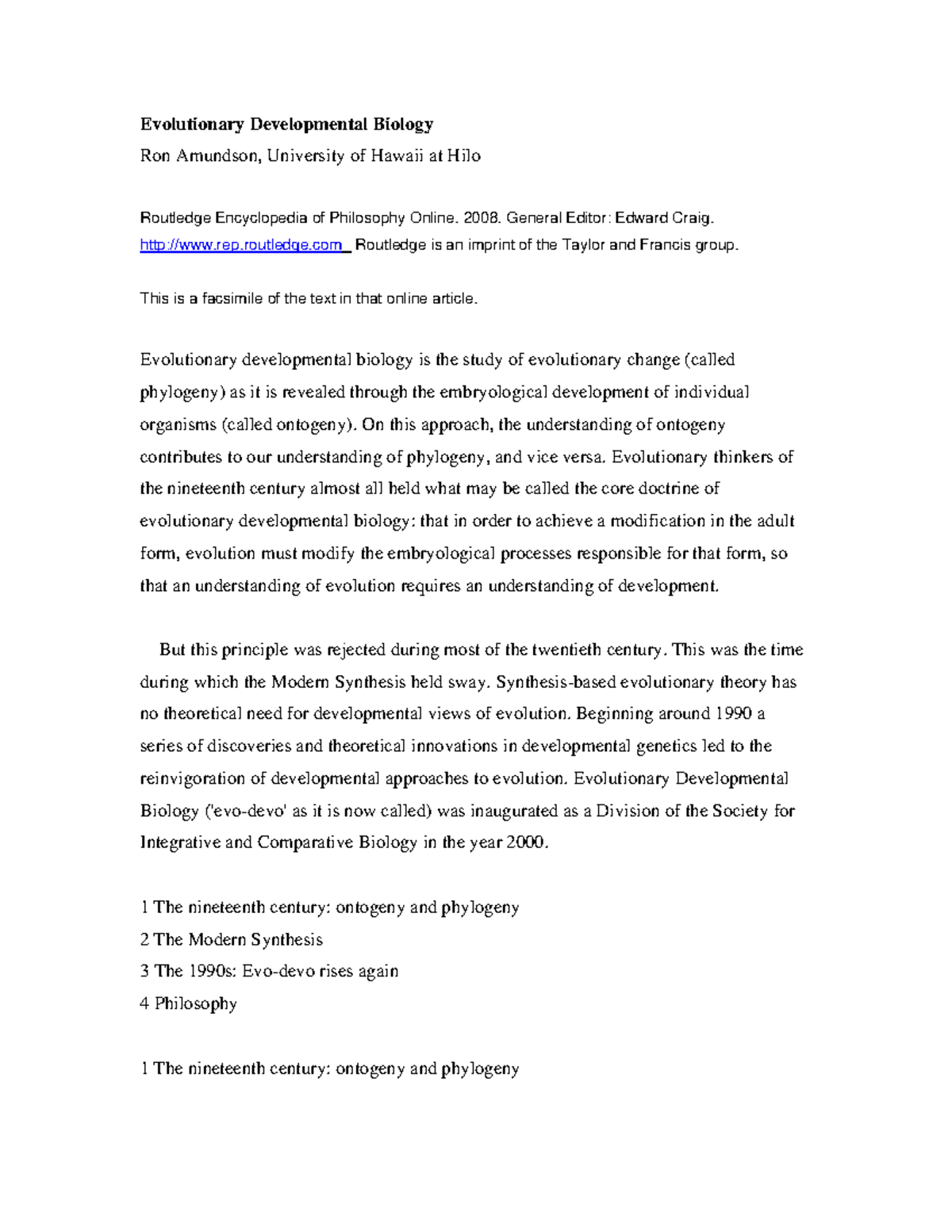 2008-Evo Devo-Routledge - Evolutionary Developmental Biology Ron ...