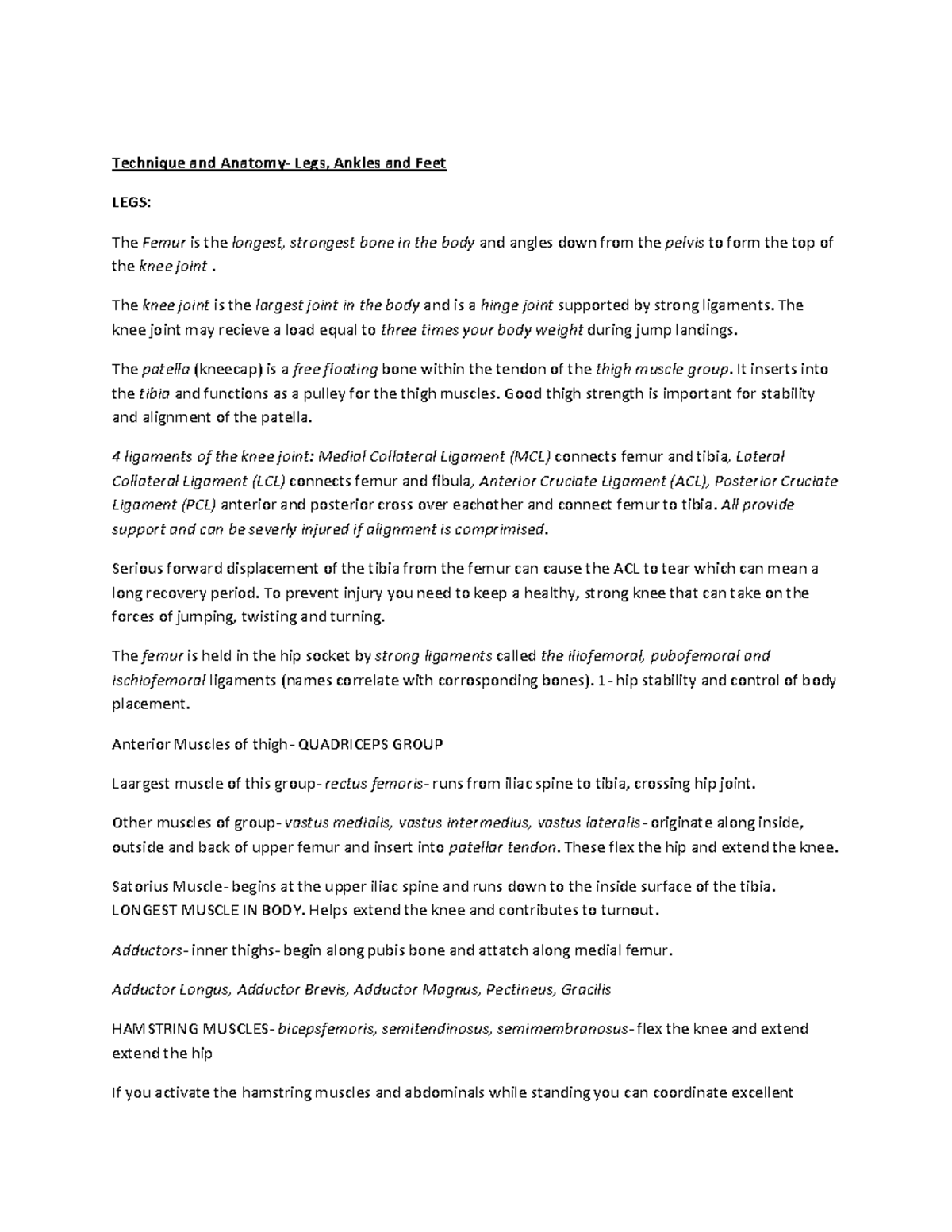 Legs, Feet and Ankles - Lecture notes 1 - Technique and Anatomy- Legs ...