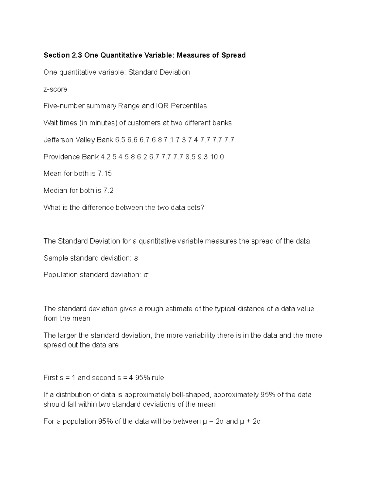 Section 2.3 One Quantitative Variable Measures of Spread - Providence Bank 4 5 5 6 6 7 7 8 9 10 ...