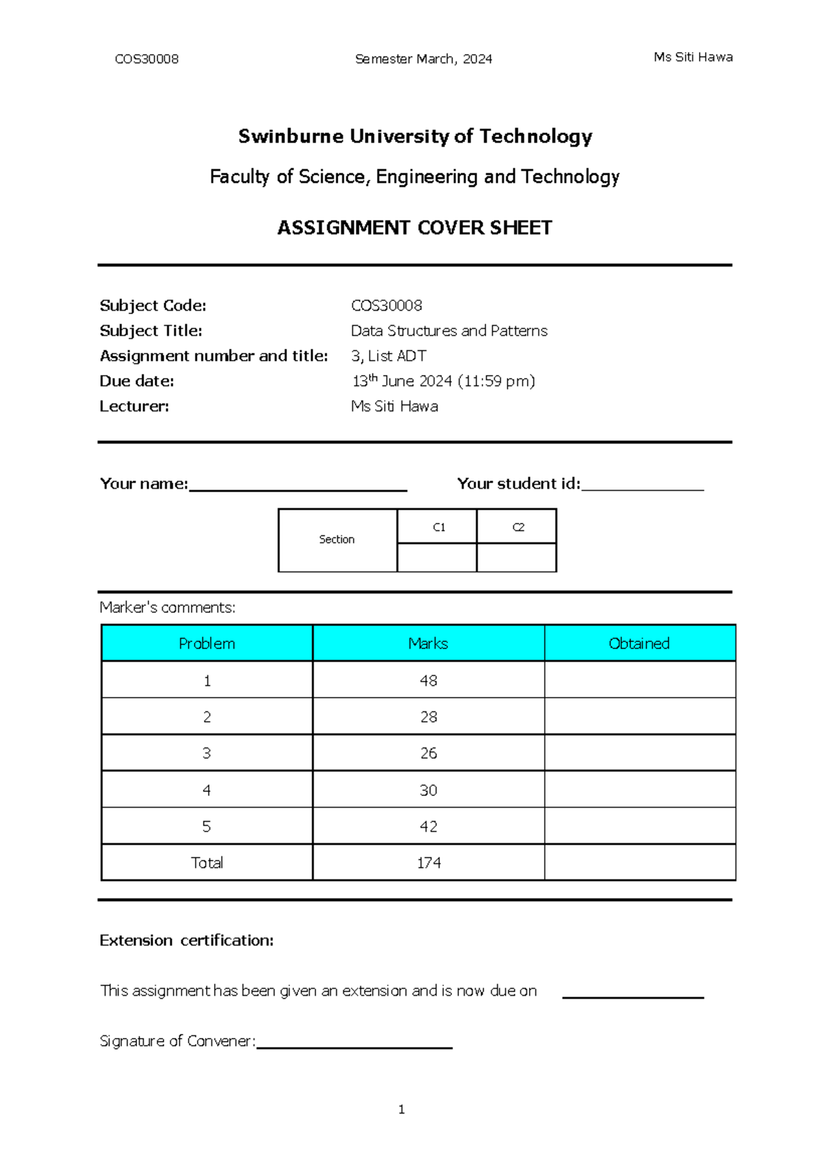 Problem Set 3-2 - question - Swinburne University of Technology Faculty of Science, Engineering ...