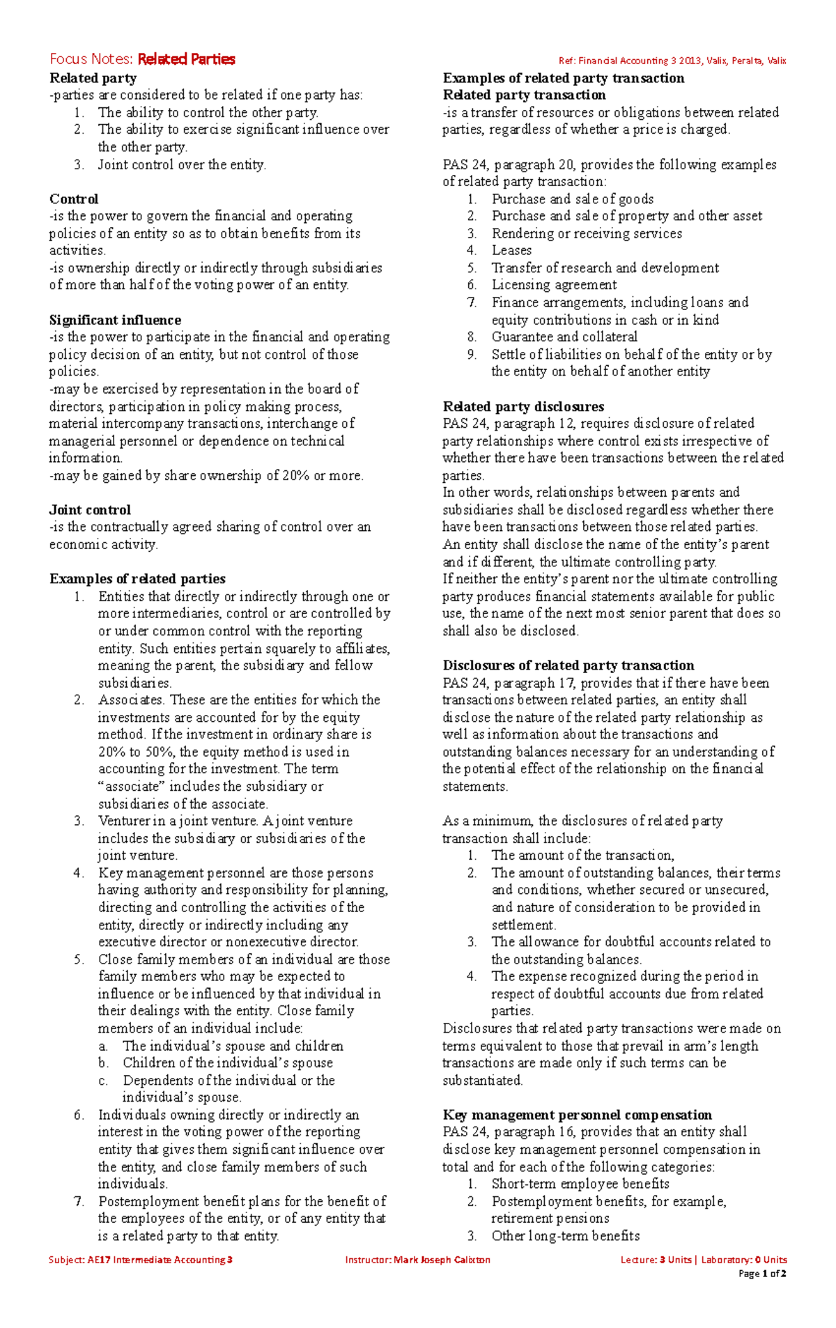 Ae17 04 related parties - Focus Notes: Related Parties Ref: Financial ...