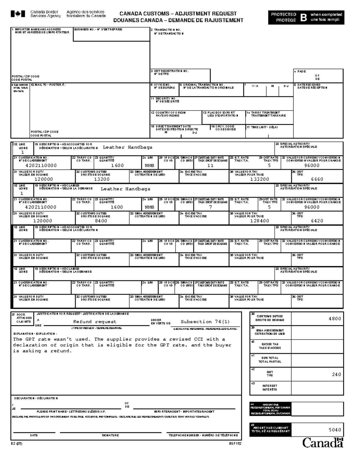 Case Study 03 Handbags rk - CANADA CUSTOMS – ADJUSTMENT REQUEST DOUANES ...