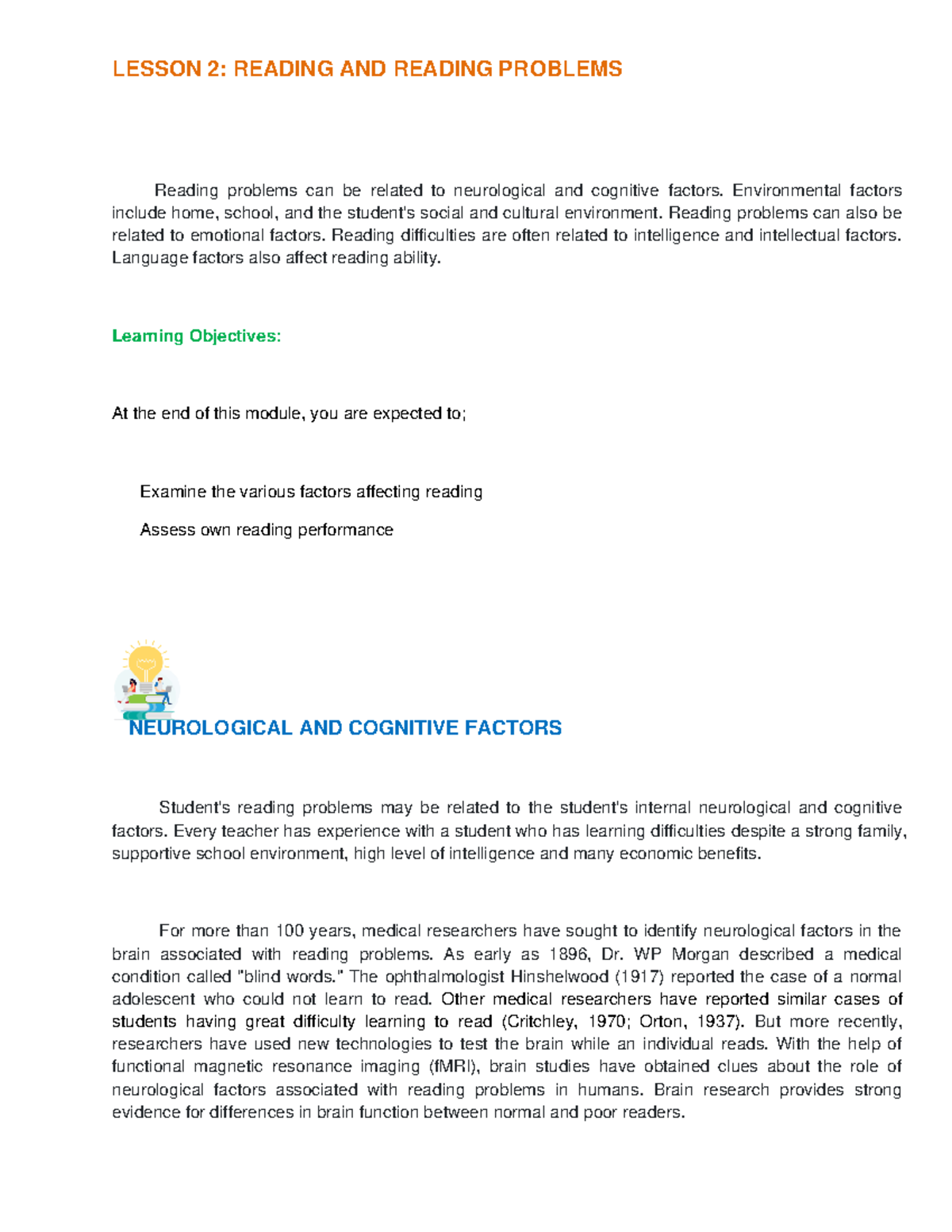 Reading and Reading Problems (Outline) - LESSON 2: READING AND READING ...