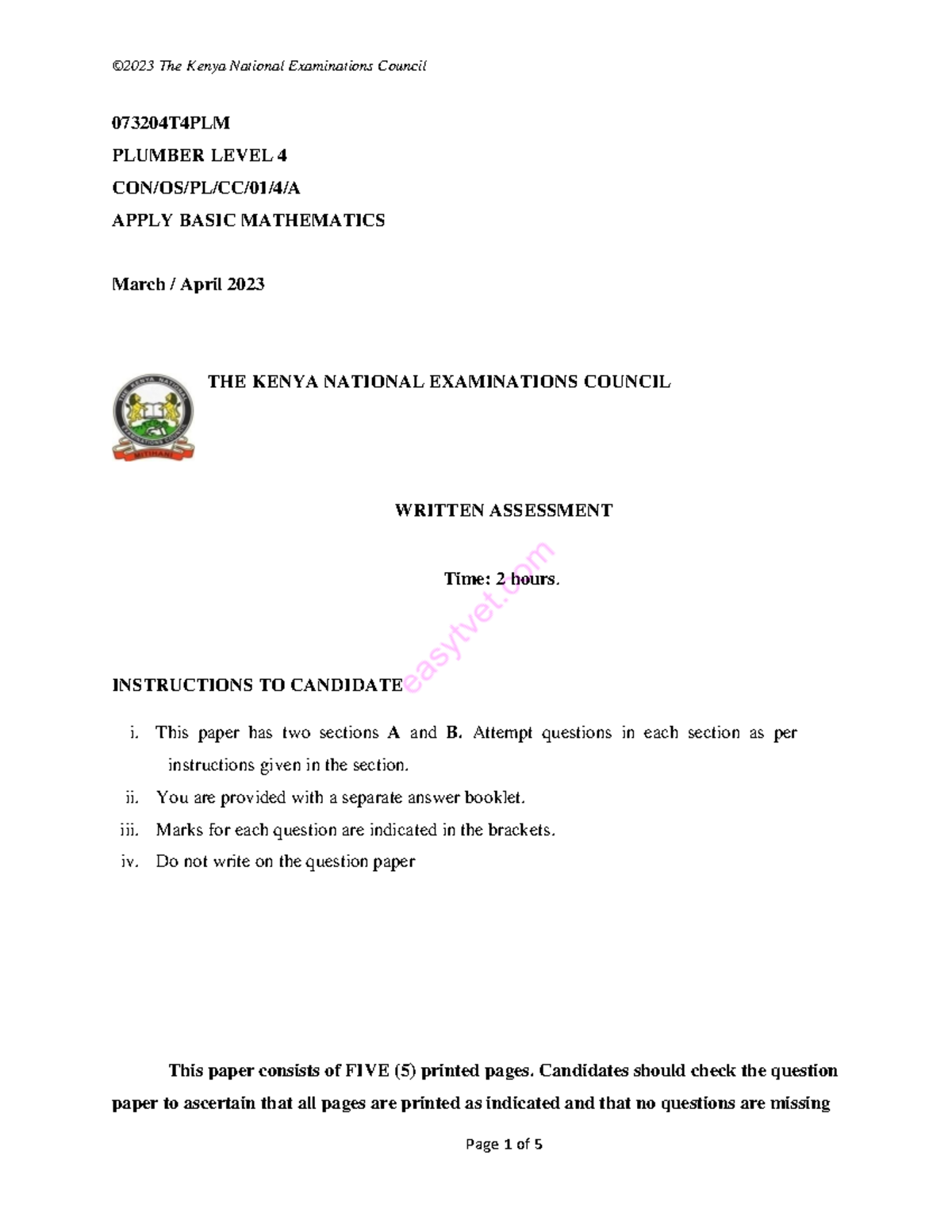 2023m - Numeracy exam - 073204T4PLM PLUMBER LEVEL 4 CON/OS/PL/CC/01/4/A ...