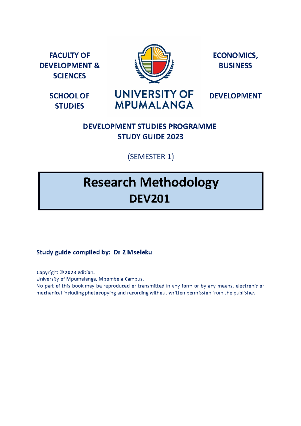 Research Methodology (DEV201) Module Guide - FACULTY OF ECONOMICS ...