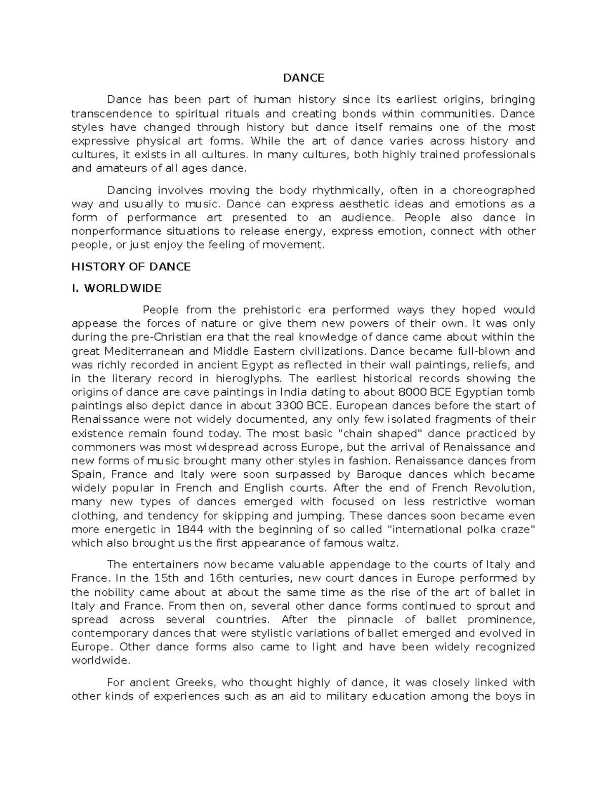 Dance - DANCE Dance has been part of human history since its earliest ...