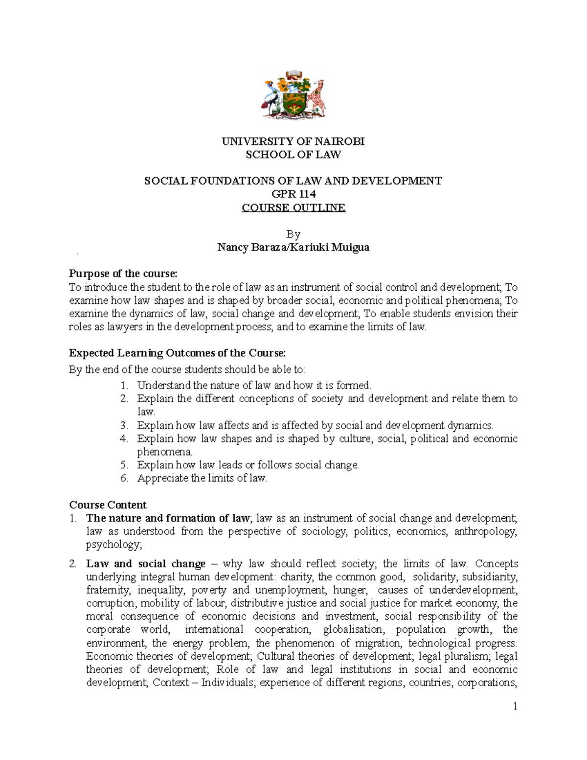GPR 114 Social Foundations OF LAW- Course Outline-October 2018 ...