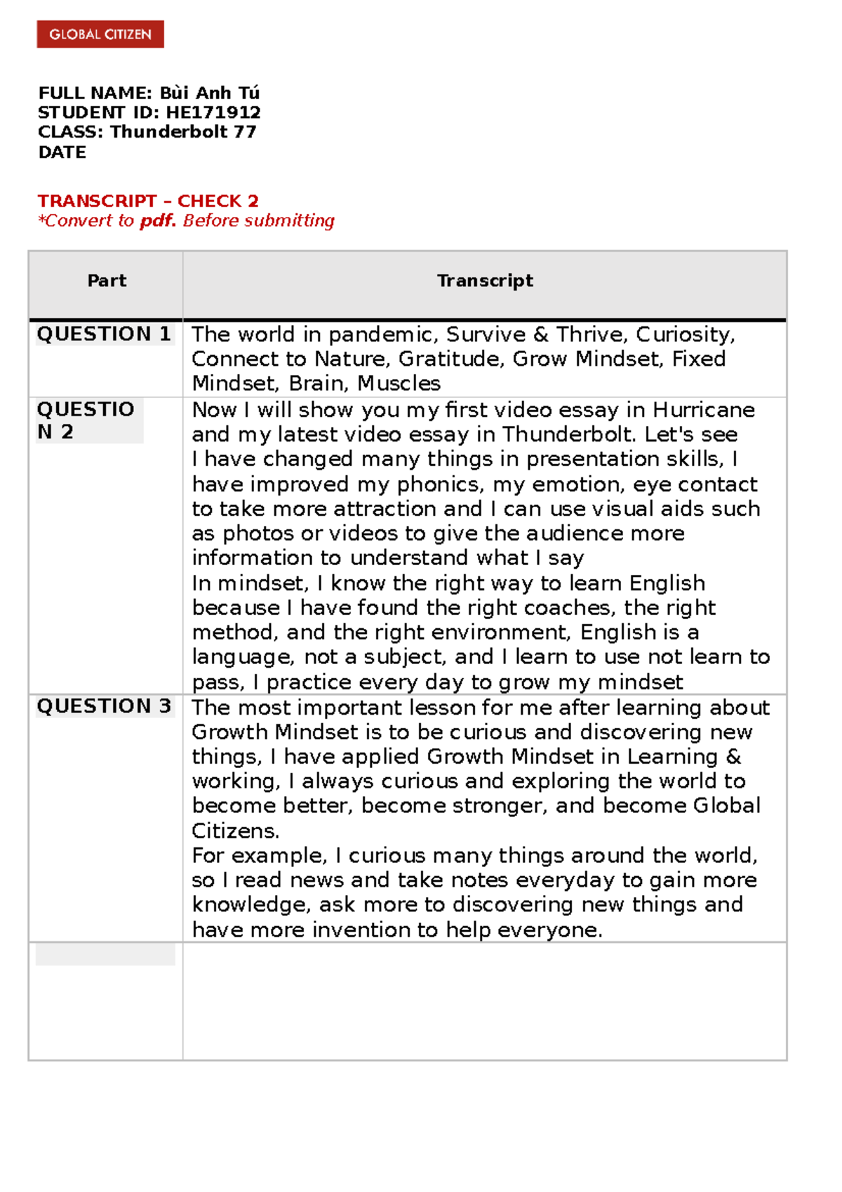 Check 2 Transcript - Dave - FULL NAME: Bùi Anh Tú STUDENT ID: HE CLASS ...