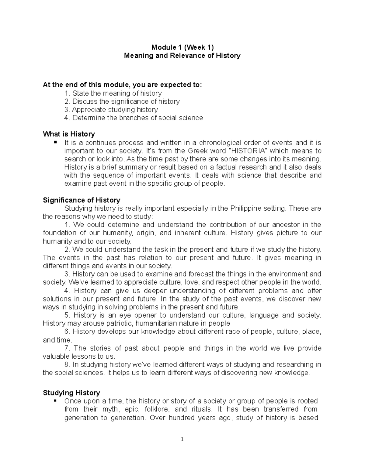 Module 1 Readings In Philippine History - Module 1 (Week 1) Meaning and Relevance of History At ...
