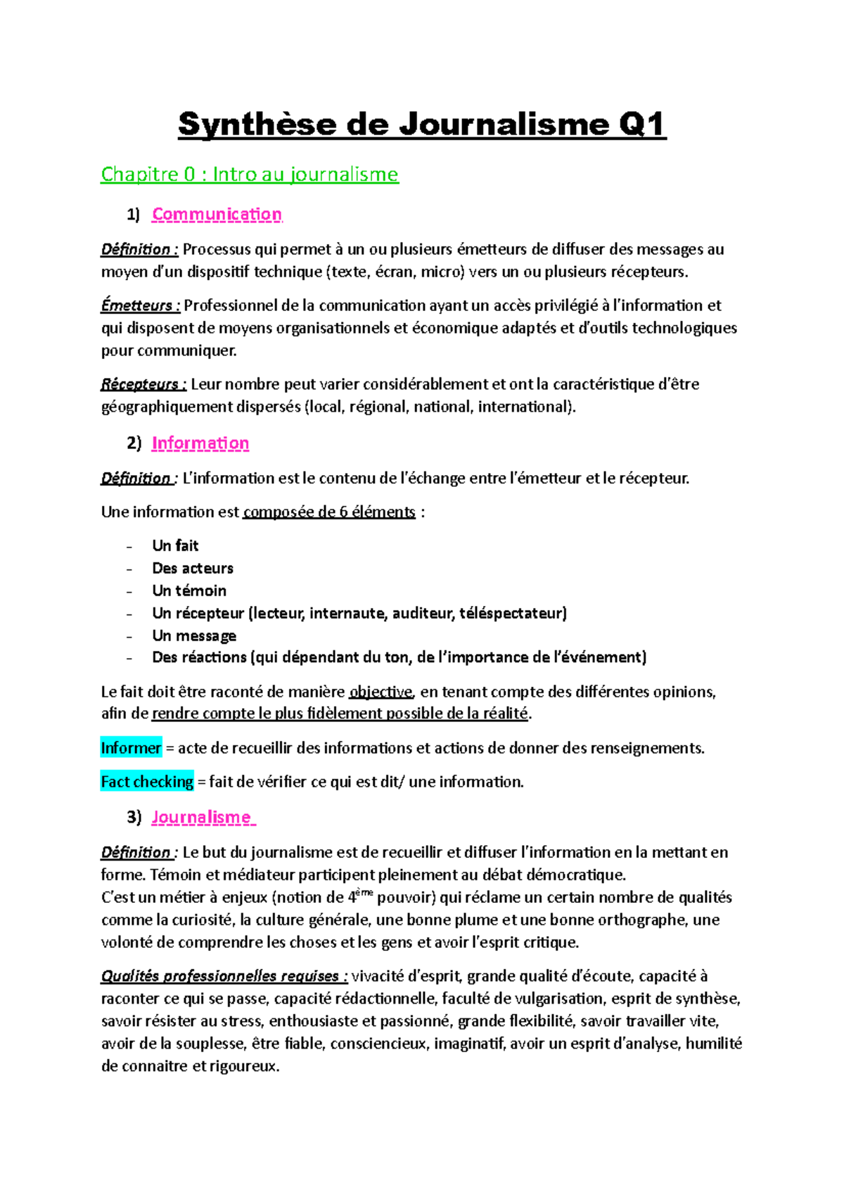 Journalisme Q1 BAC1 - Synthèse de Journalisme Q Chapitre 0 : Intro au ...