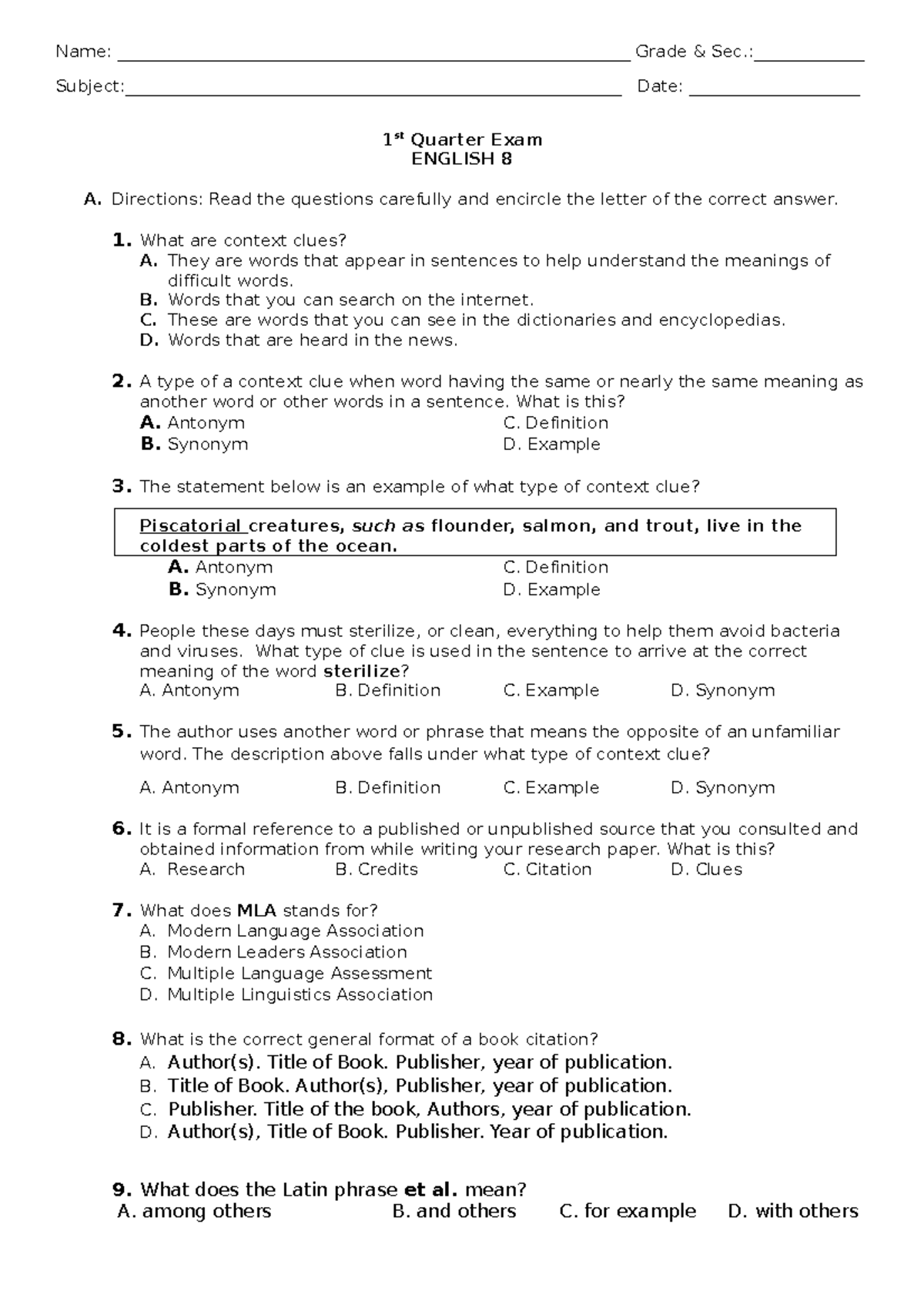 English 8 q1 exam - Name ...