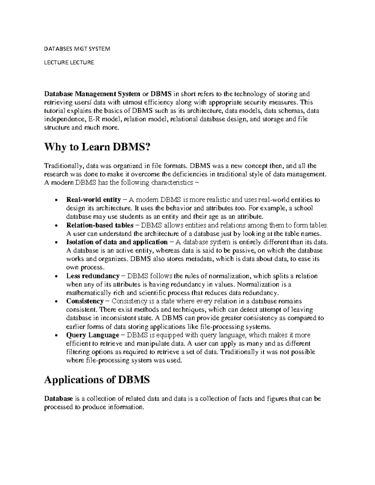 Intro To Databses Mgt System All Lectures Databses Mgt System Lecture Lecture Database