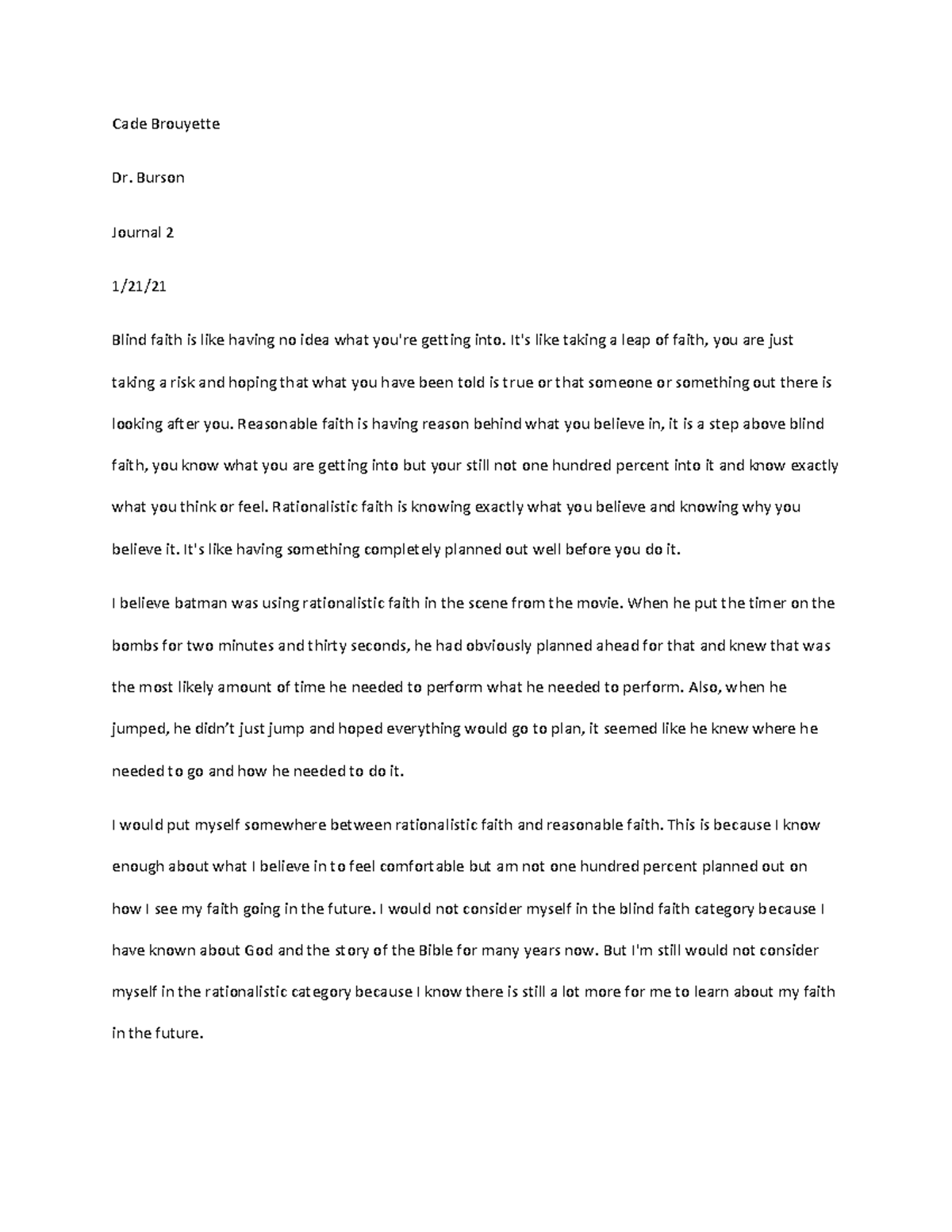 2.4 faith and reason - discussion question - Cade Brouyette Dr. Burson ...